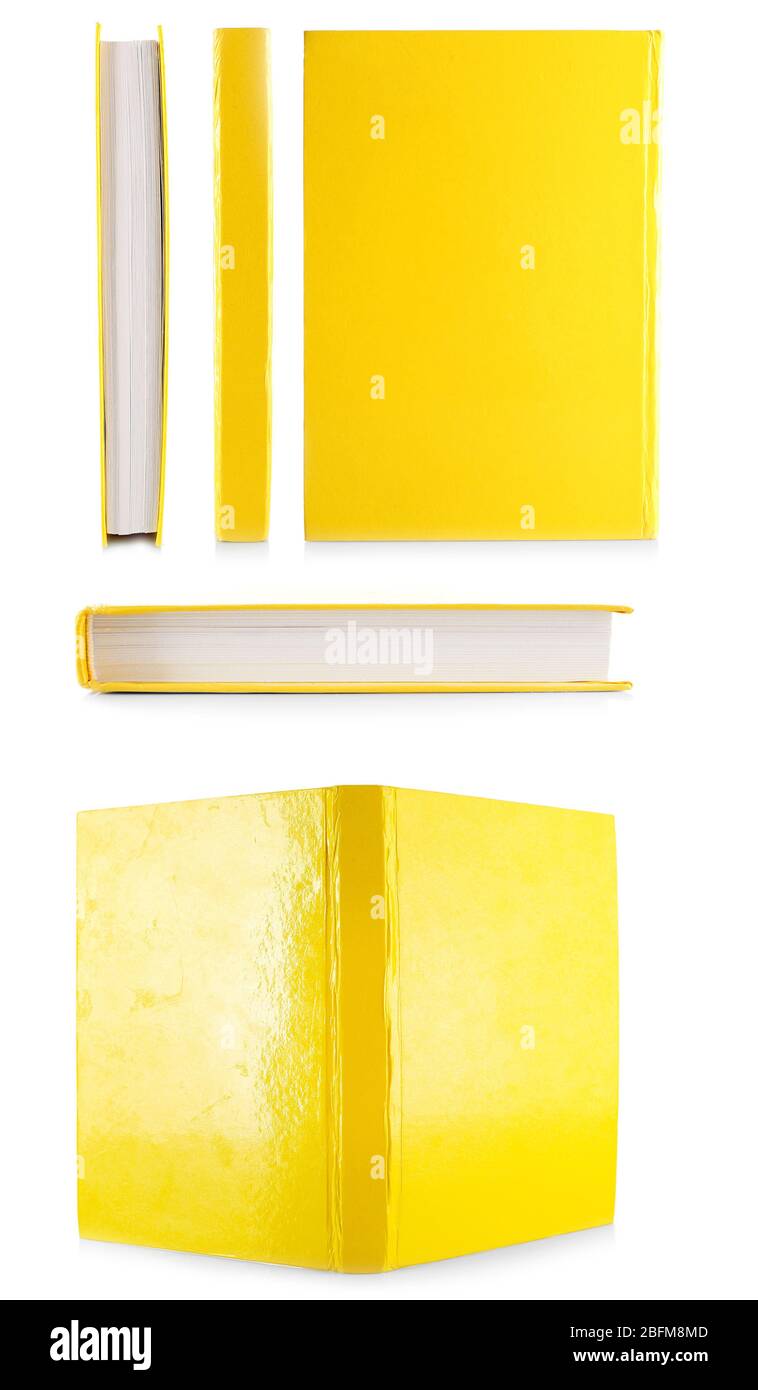 Yellow books isolated on white in collage Stock Photo - Alamy