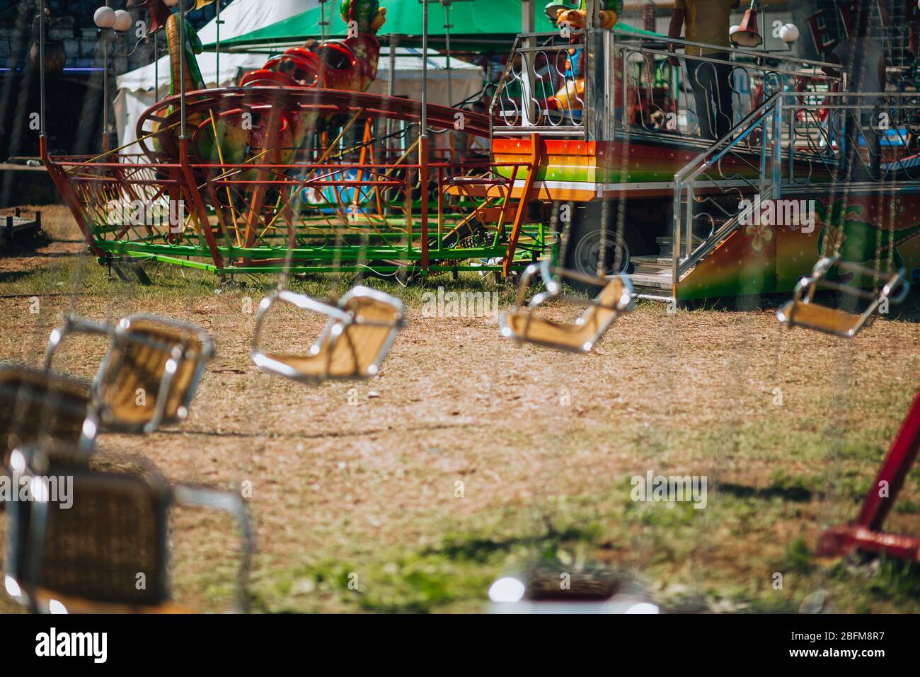 Shot of the colorful roller coaster ride at an amusement park Stock ...