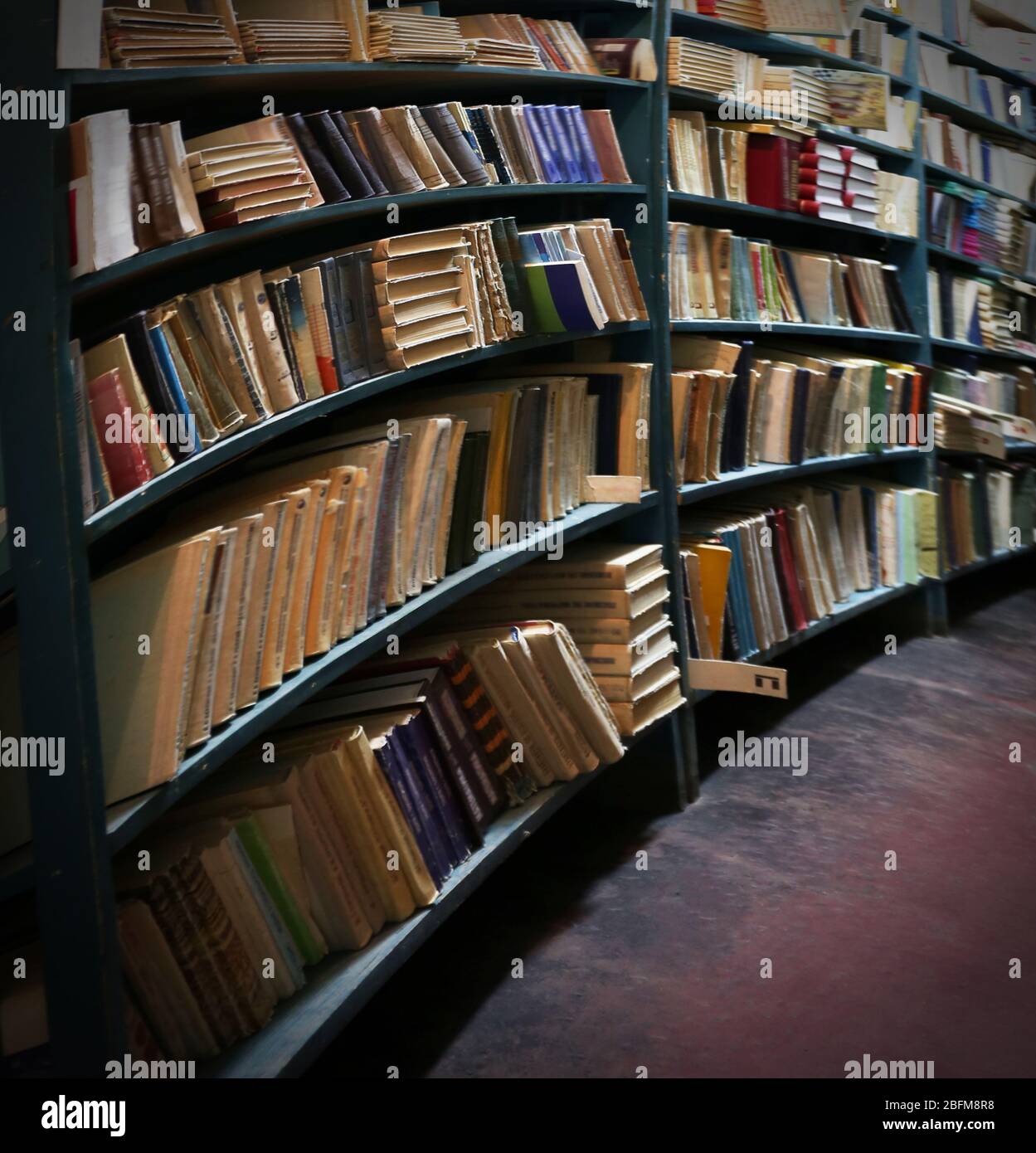 Many books on bookshelf in library, image with perspective distortion ...