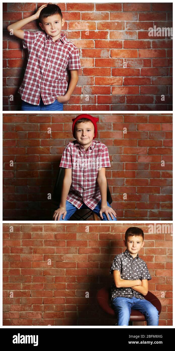 Cute little boy on brick wall background. Kids fashion concept Stock ...