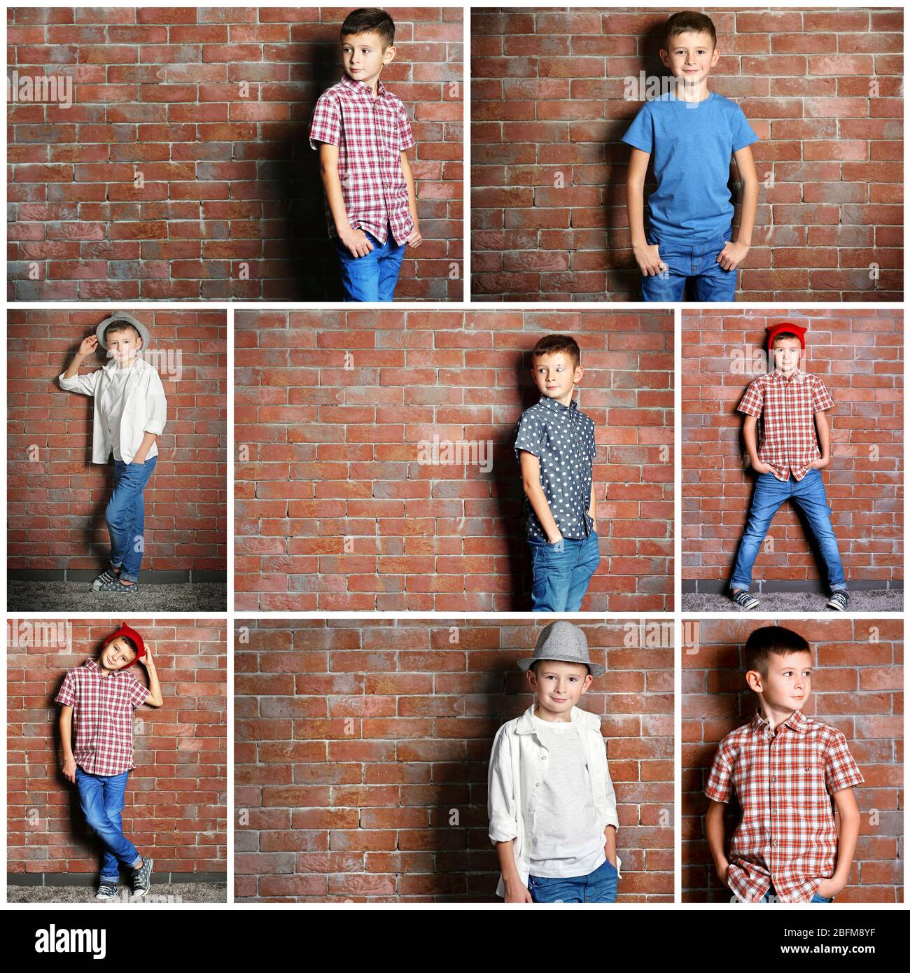 Cute little boy on brick wall background. Kids fashion concept Stock ...