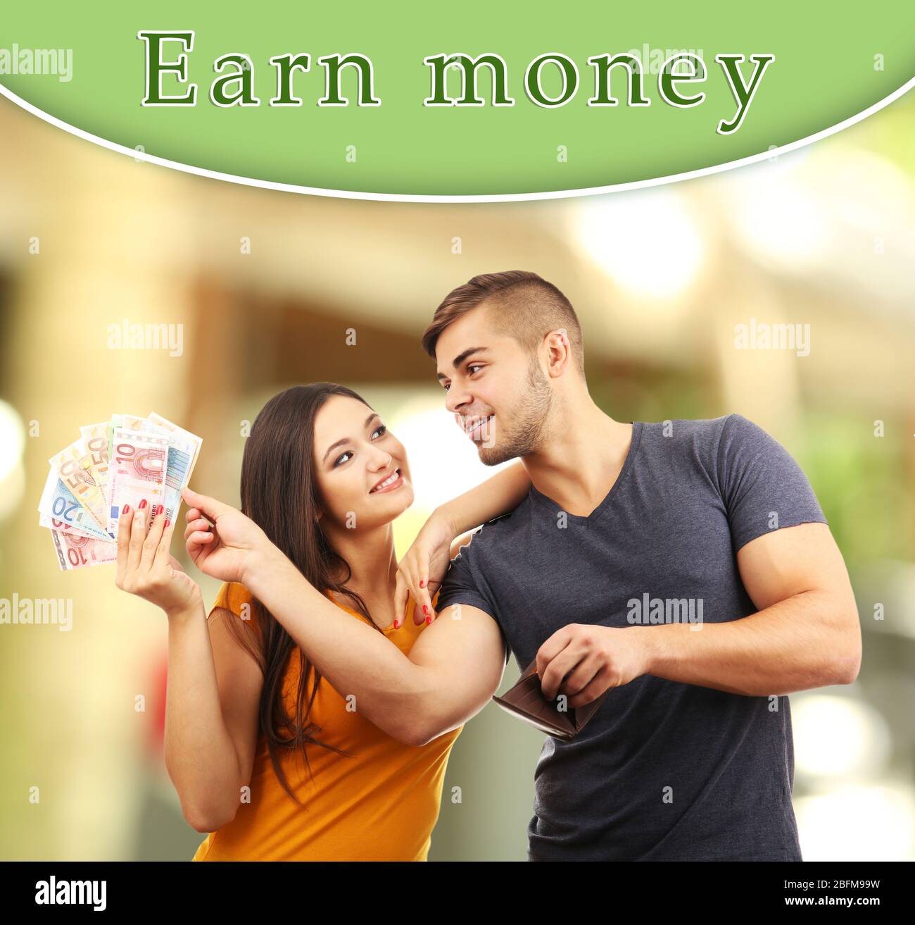 Couple with money banknotes on bright background Stock Photo - Alamy