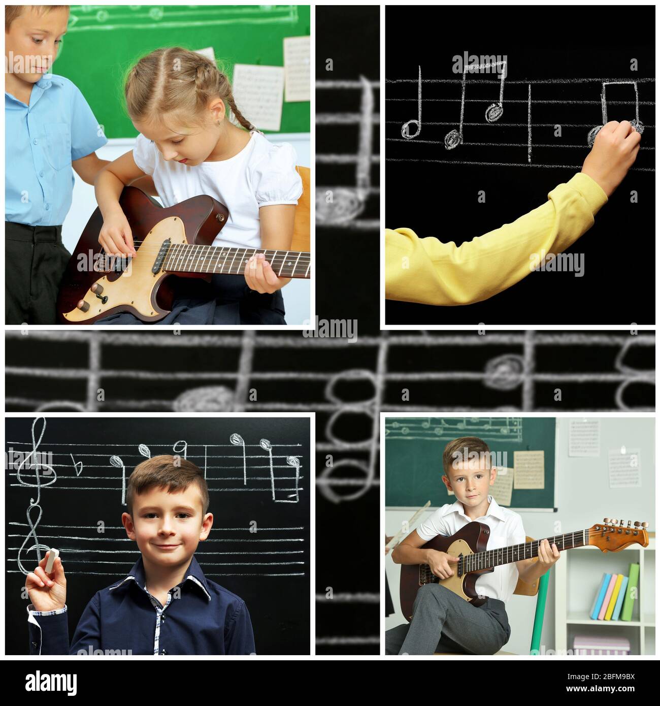 Collage with pupils having music lesson in classroom at elementary ...