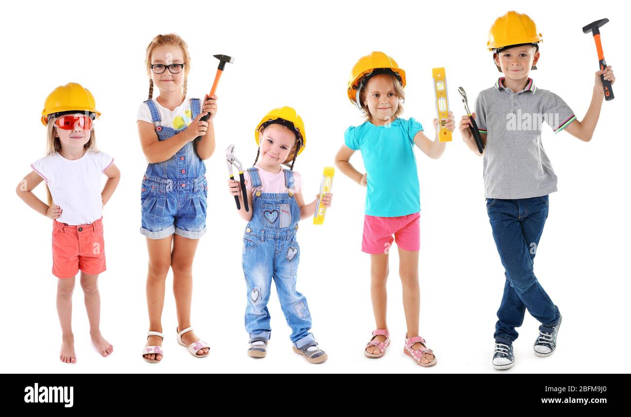 Cute children with tools isolated on white Stock Photo - Alamy