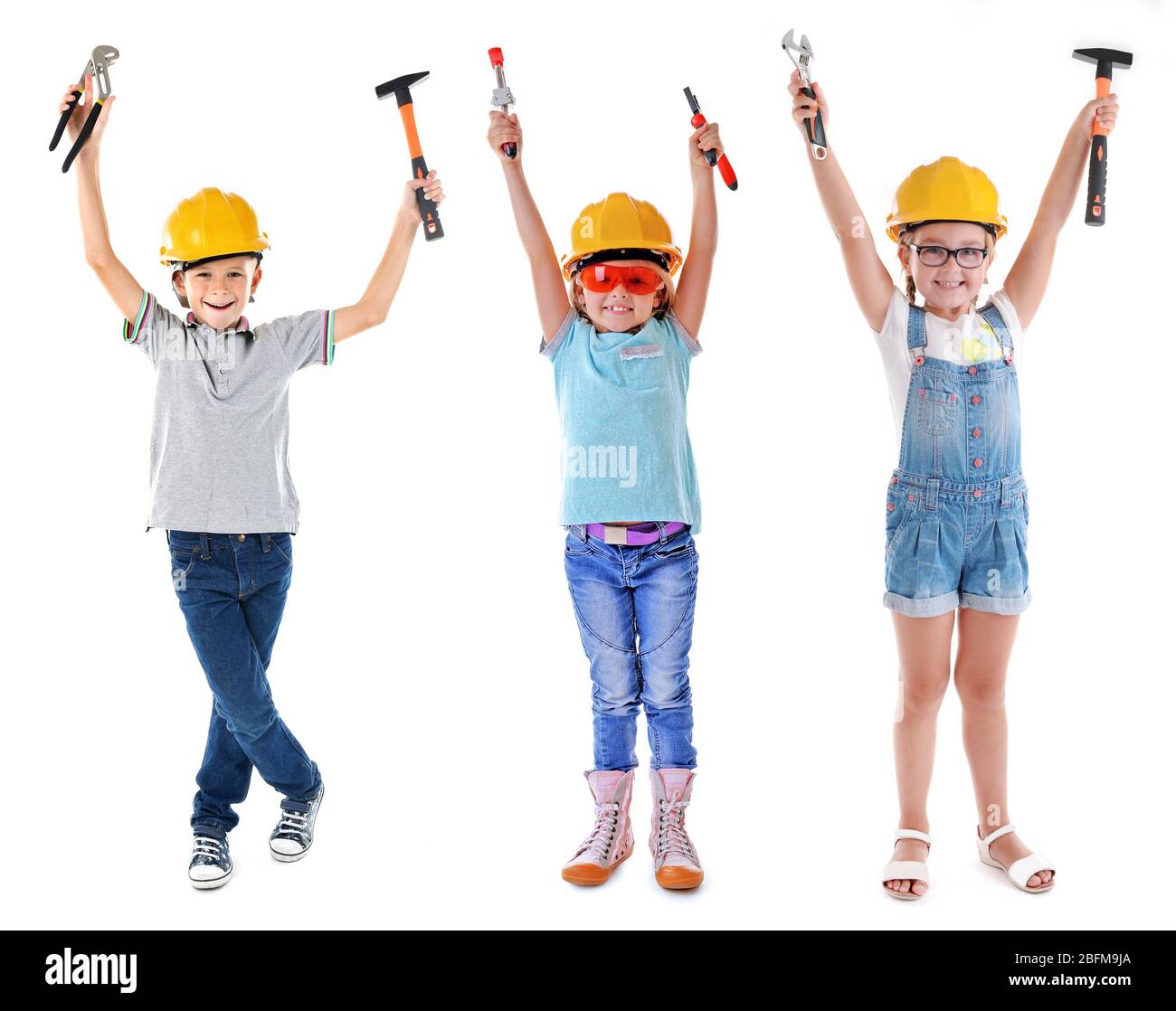 Cute children with tools isolated on white Stock Photo - Alamy