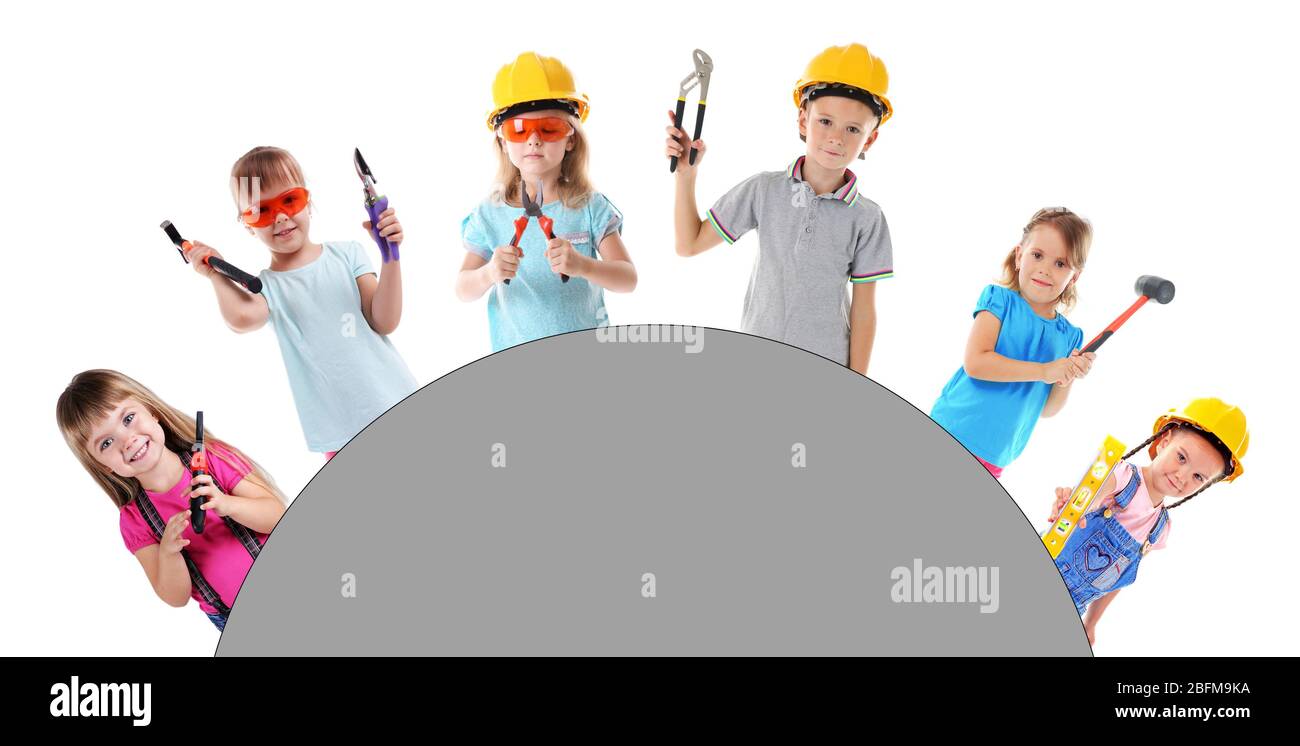 Cute children with tools isolated on white Stock Photo - Alamy