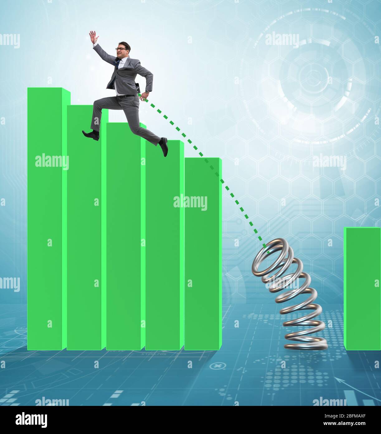 The business people jumping over bar charts Stock Photo - Alamy