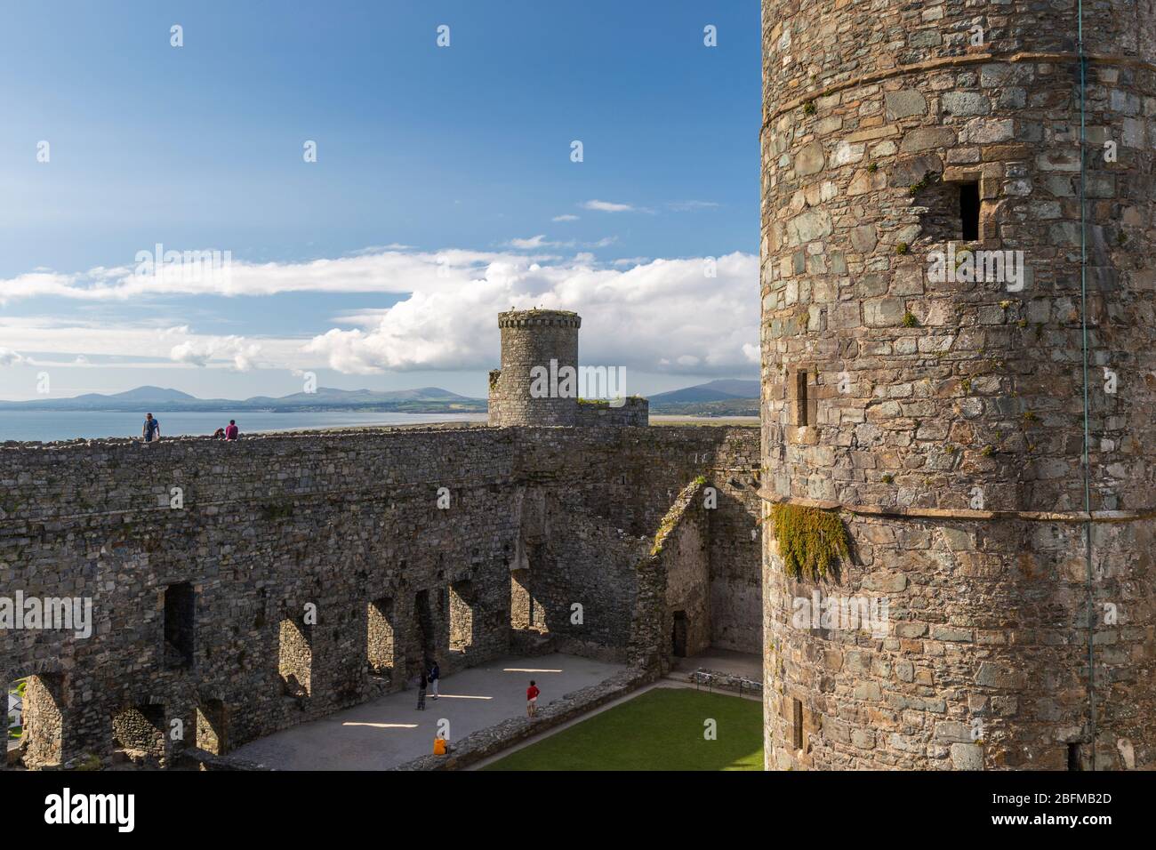 View of towers and bailey of Harlech Castle - a UNESCO listed medieval ...