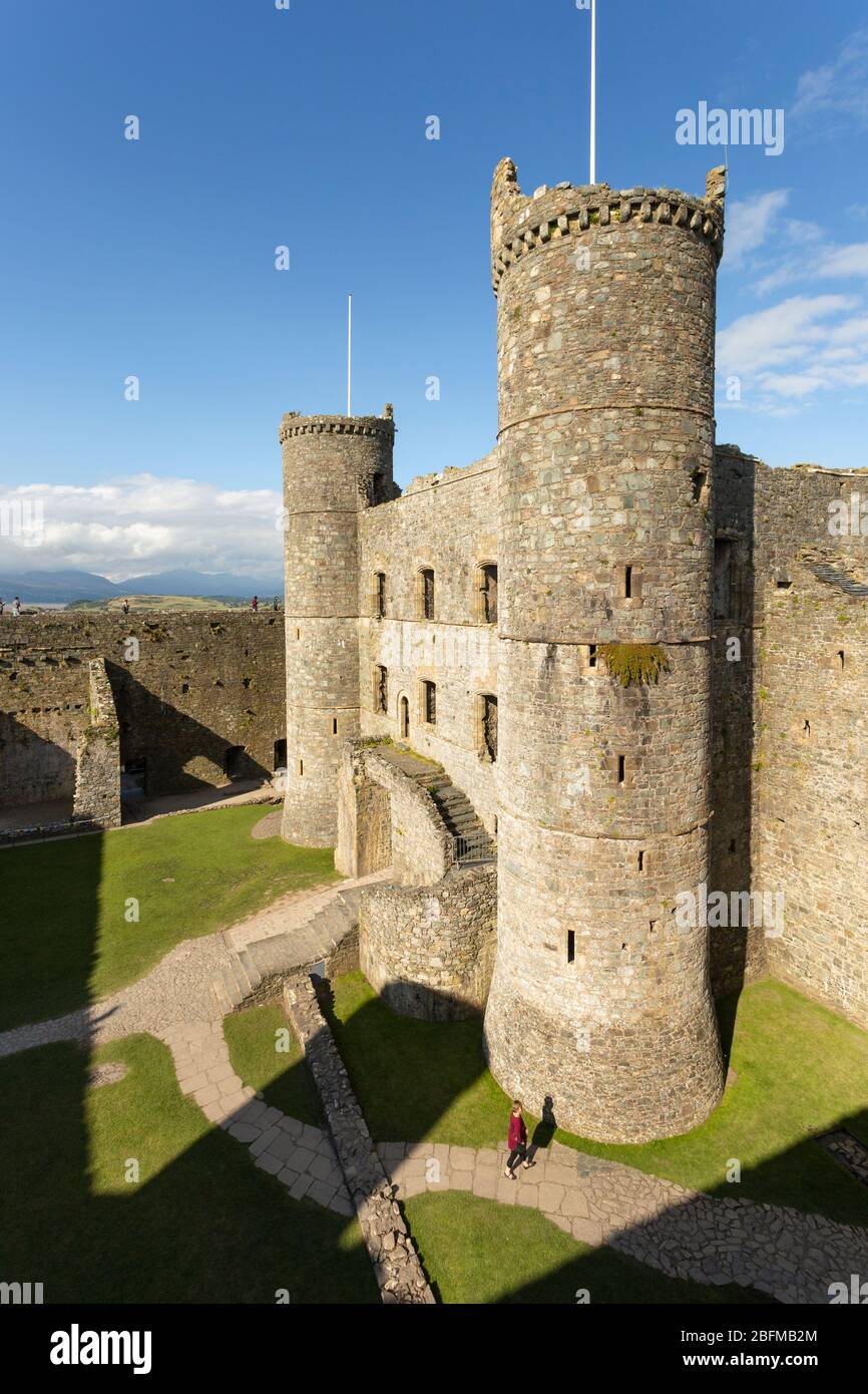 View of towers and bailey of Harlech Castle - a UNESCO listed medieval ...