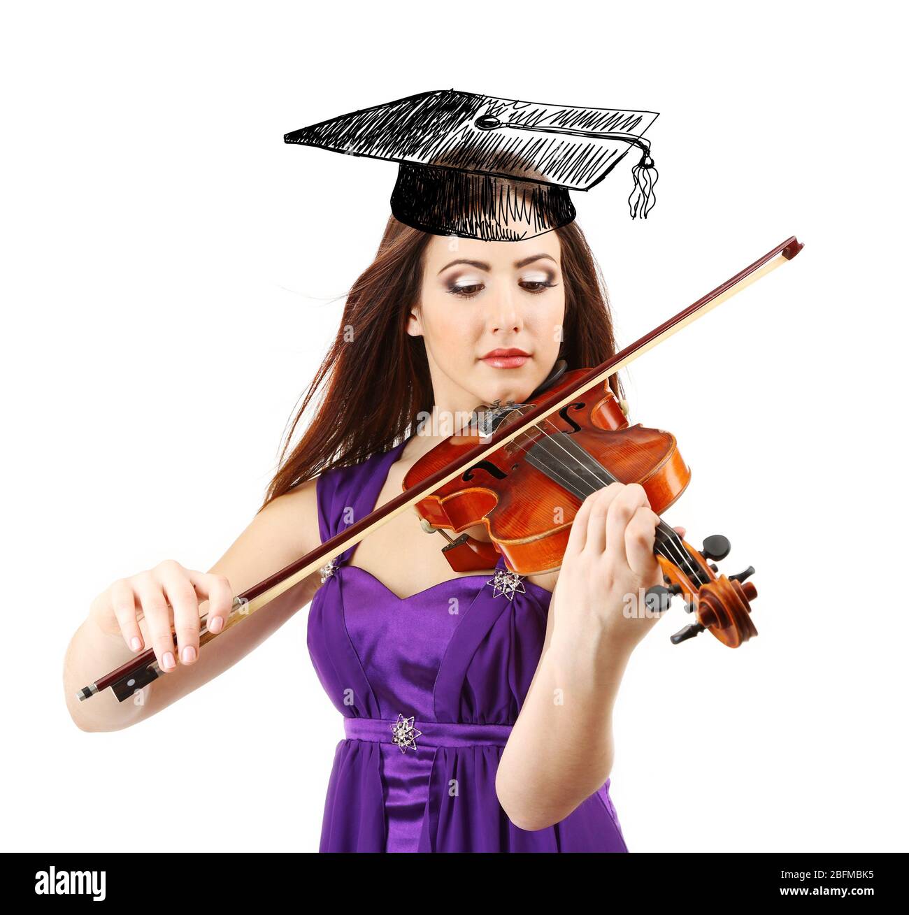 Beautiful young woman and violin with graduation cap, isolated on white ...
