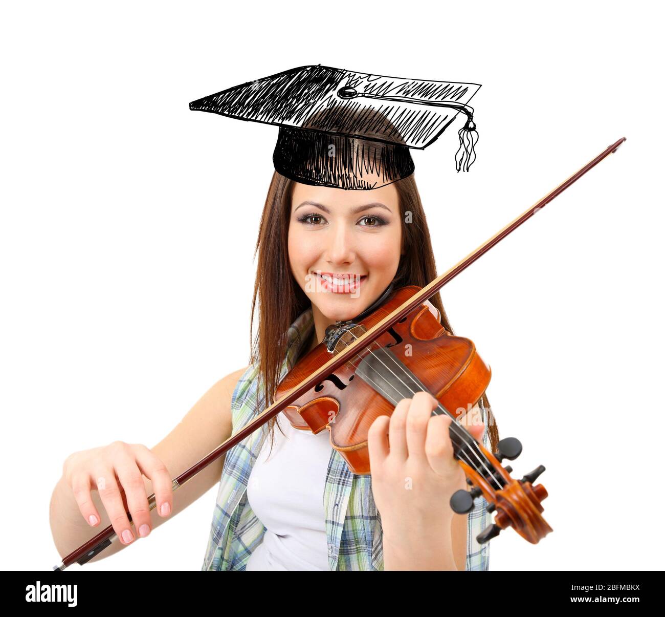 Beautiful young woman and violin with graduation cap, isolated on white ...