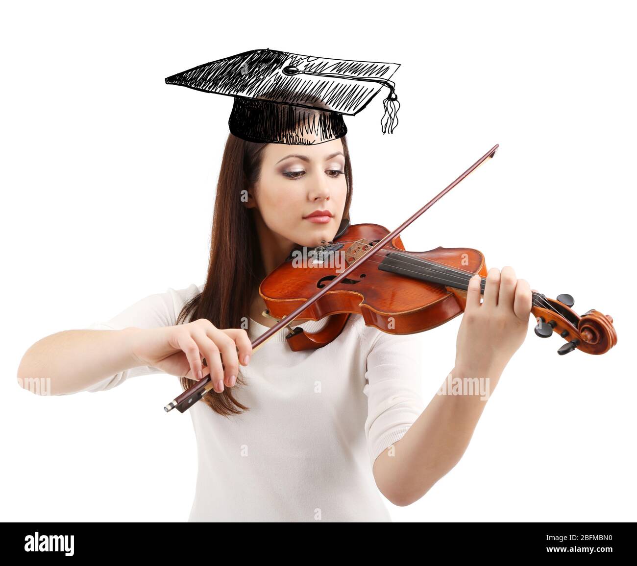 Beautiful young woman and violin with graduation cap, isolated on white ...