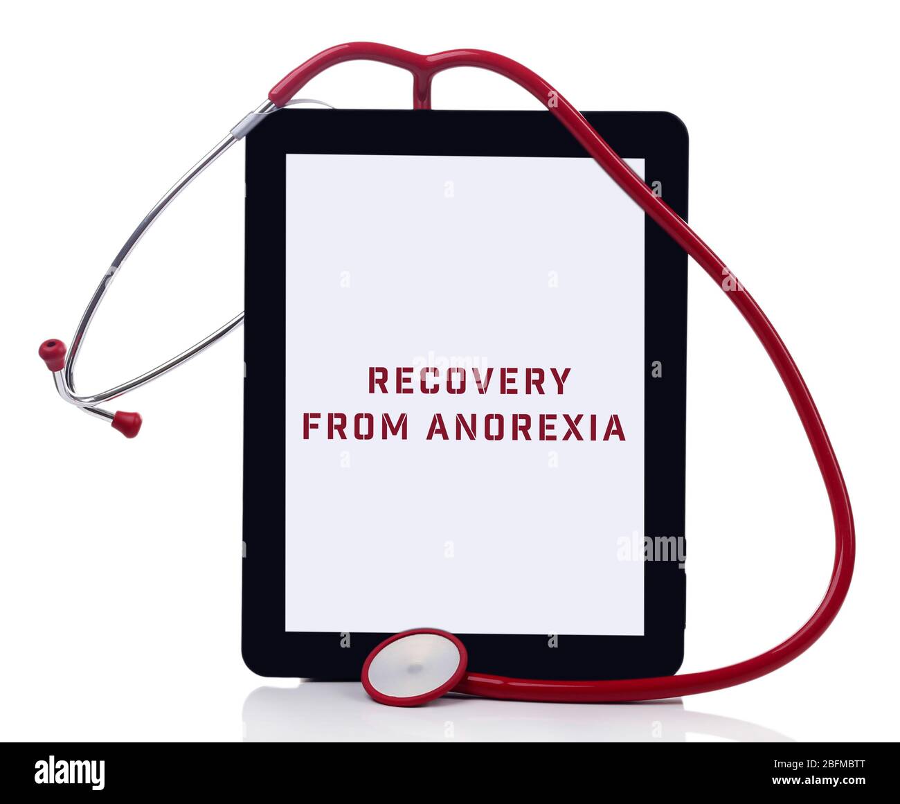 Tablet pc and text Recovery from Anorexia on screen isolated on white ...