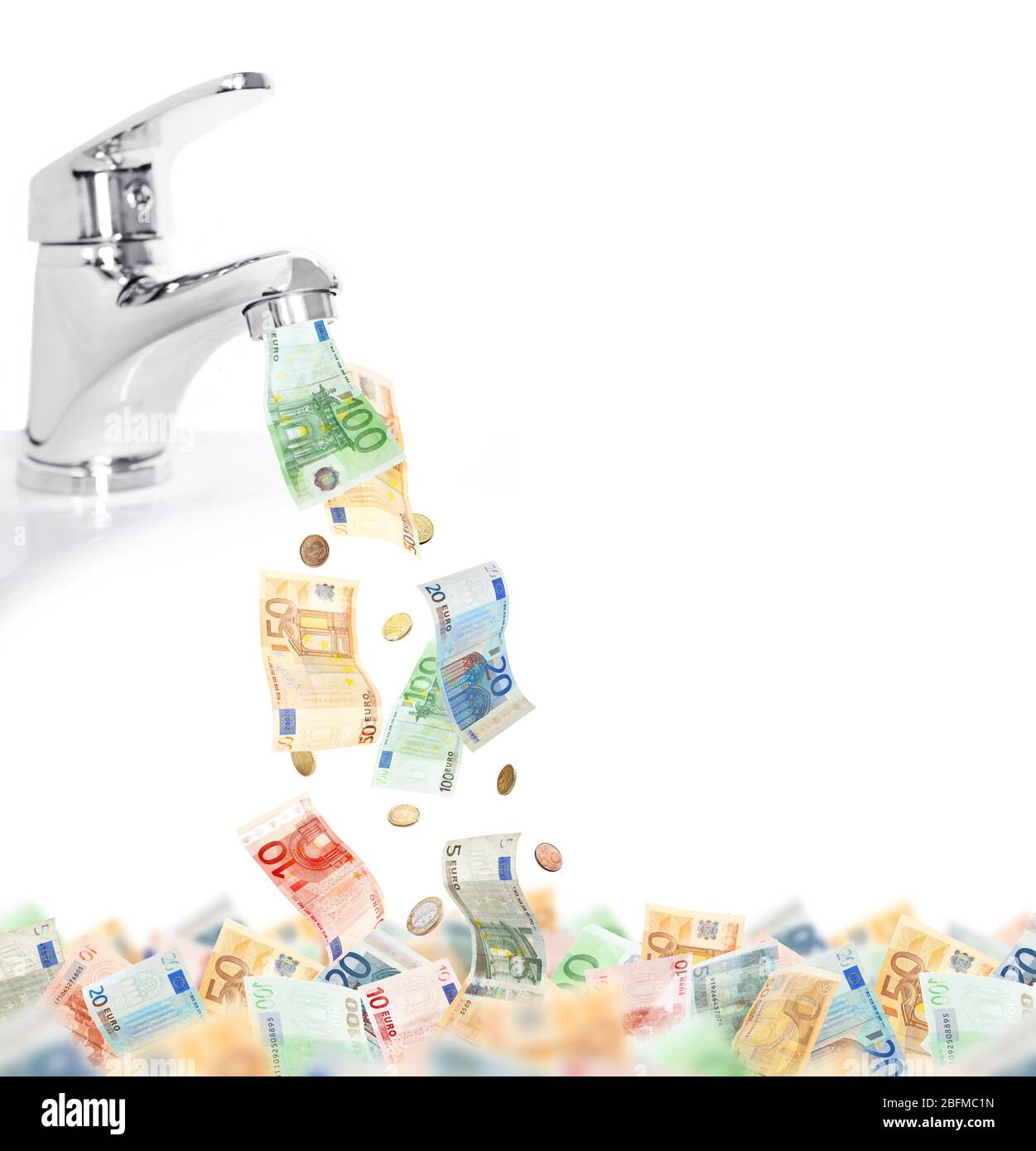 Money fall out of the tap isolated on white Stock Photo - Alamy