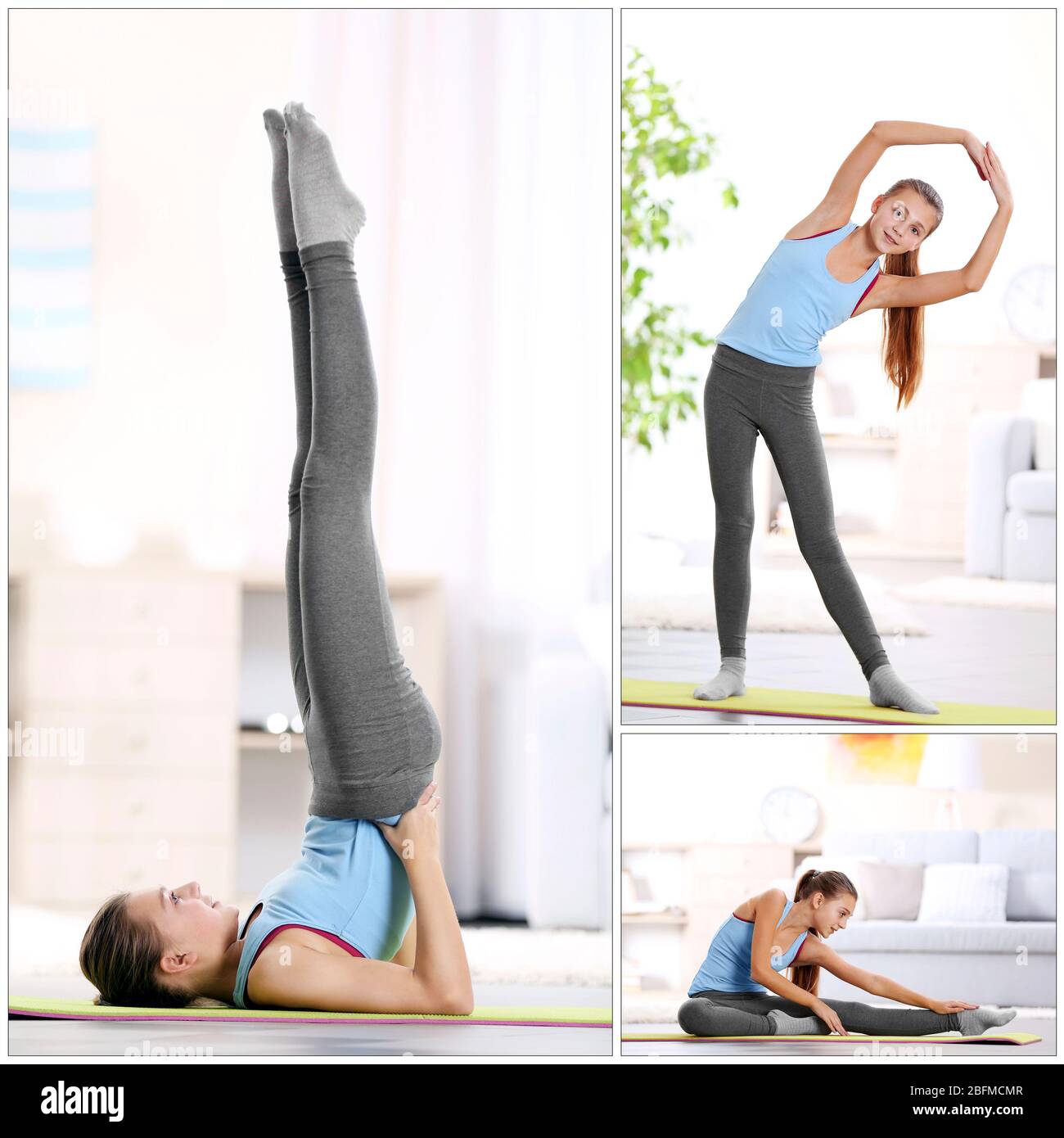 Collage of young girl making fitness exercise Stock Photo - Alamy