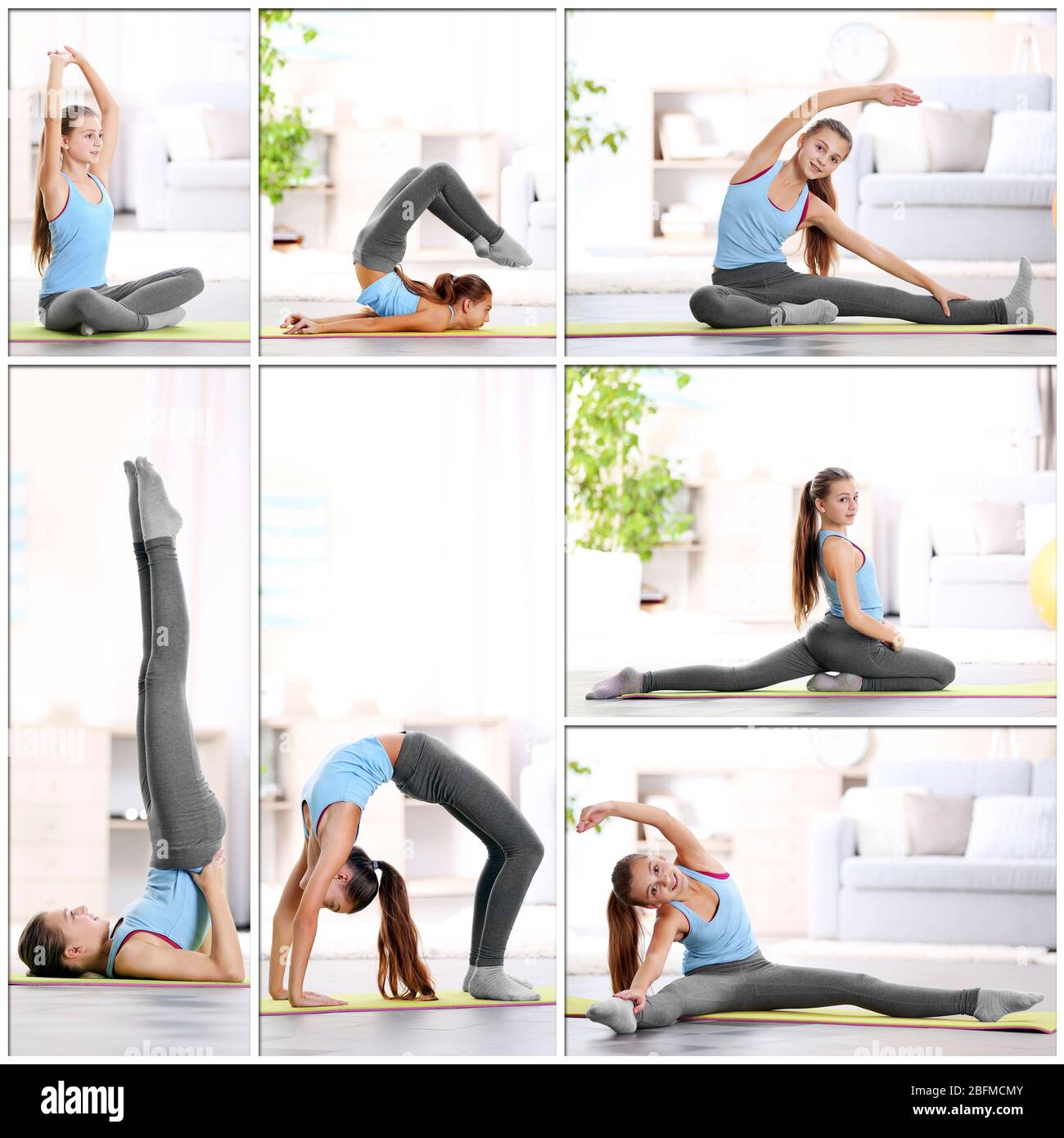 Collage of young girl making fitness exercise Stock Photo - Alamy