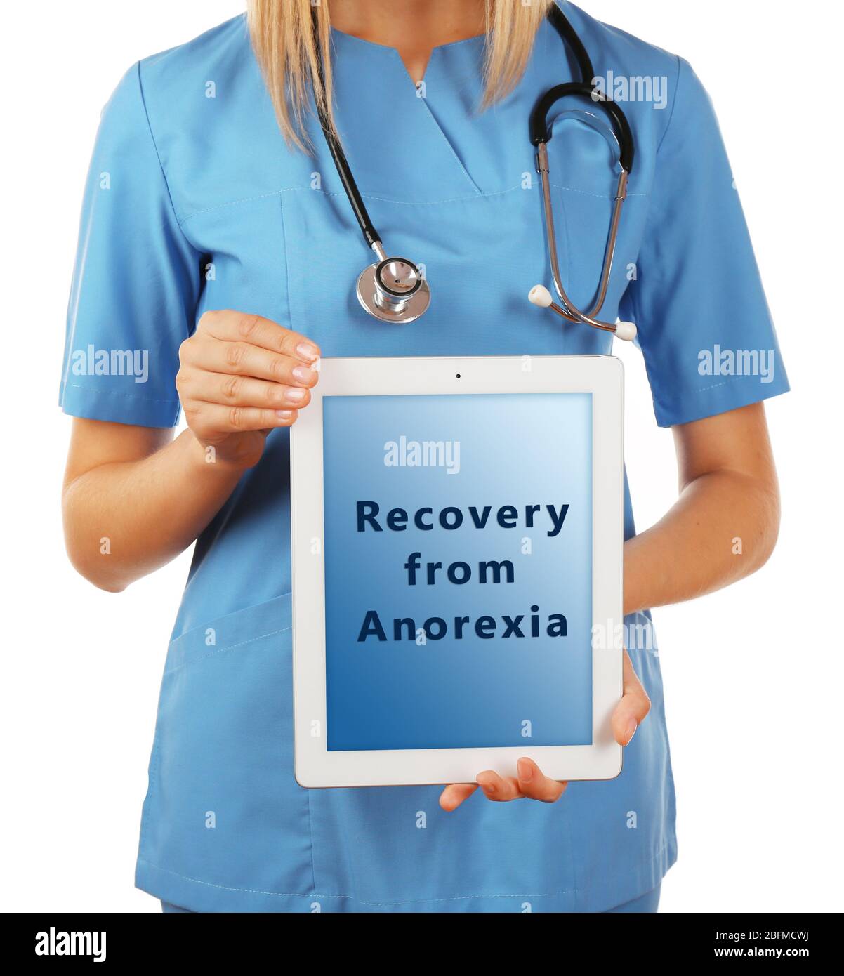 Female doctor with tablet pc and text Recovery from Anorexia on screen ...