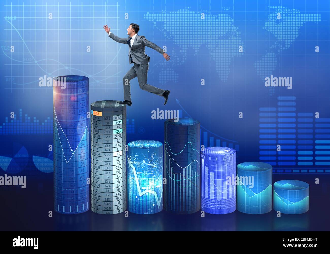 The businessman jumping over bar charts Stock Photo - Alamy