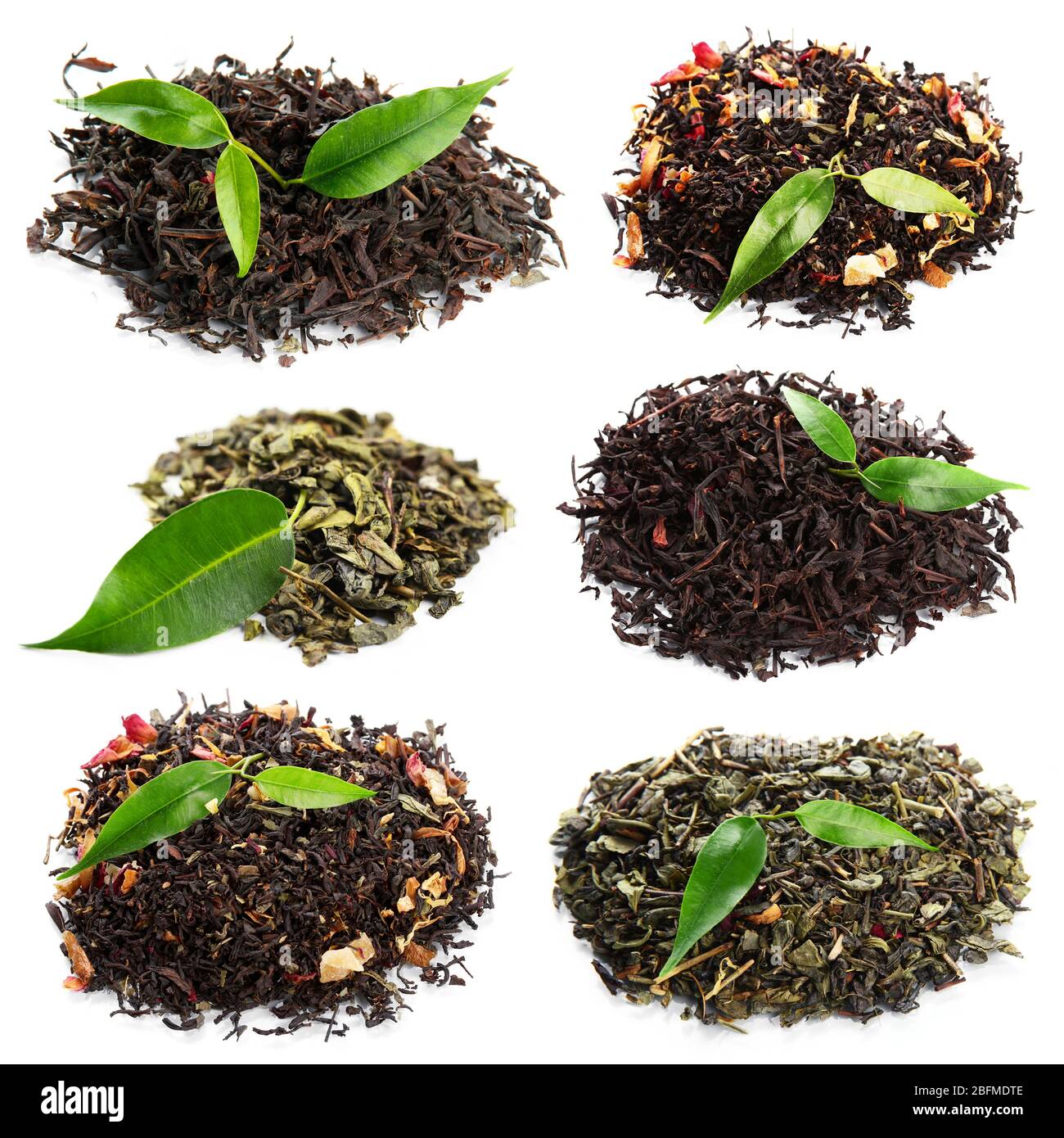 Set of dried tea with fresh green leaves, isolated on white Stock Photo ...