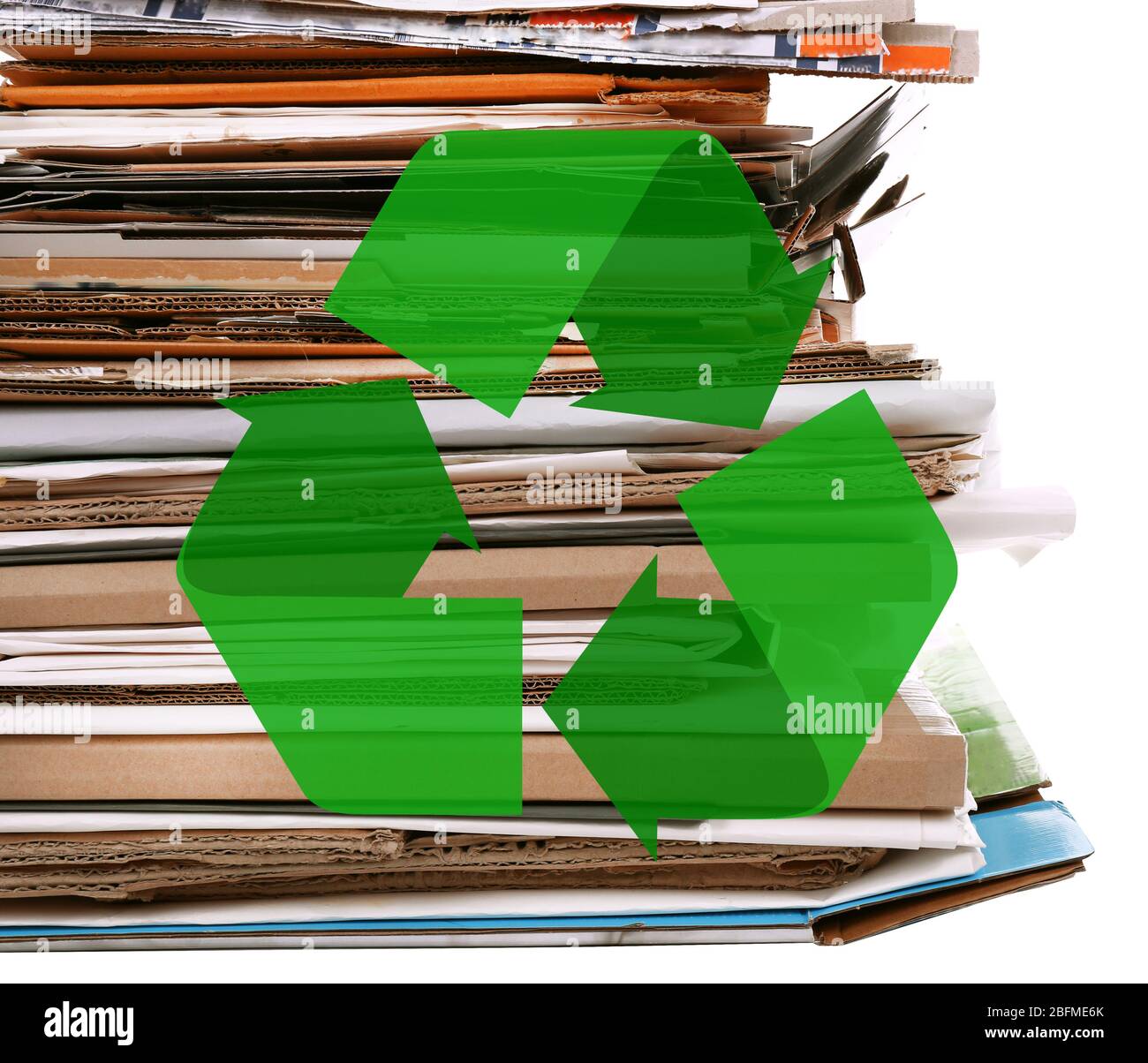 Big stack of papers and recycle sign Stock Photo - Alamy