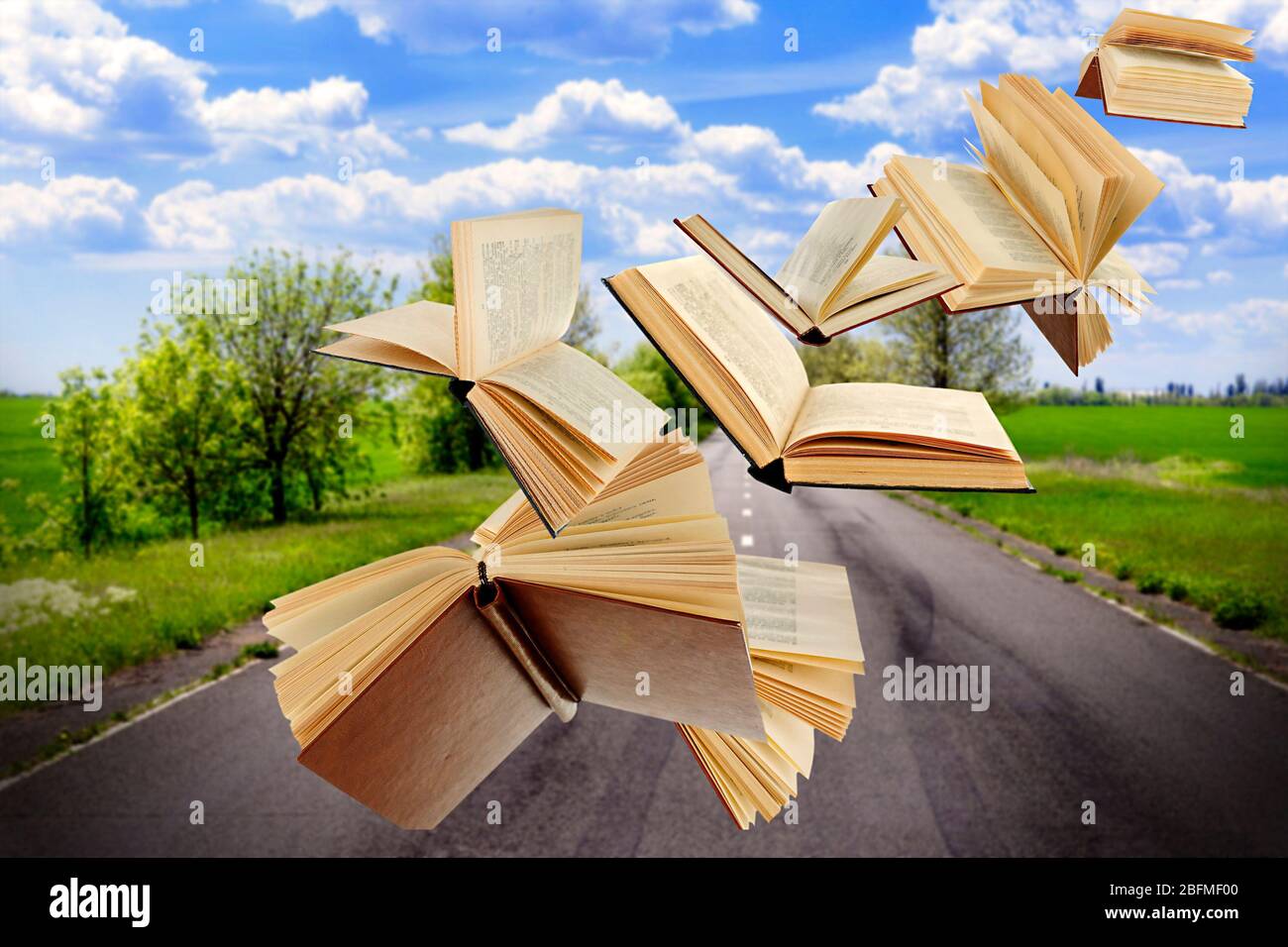 Flying books on asphalt road and trees background Stock Photo - Alamy