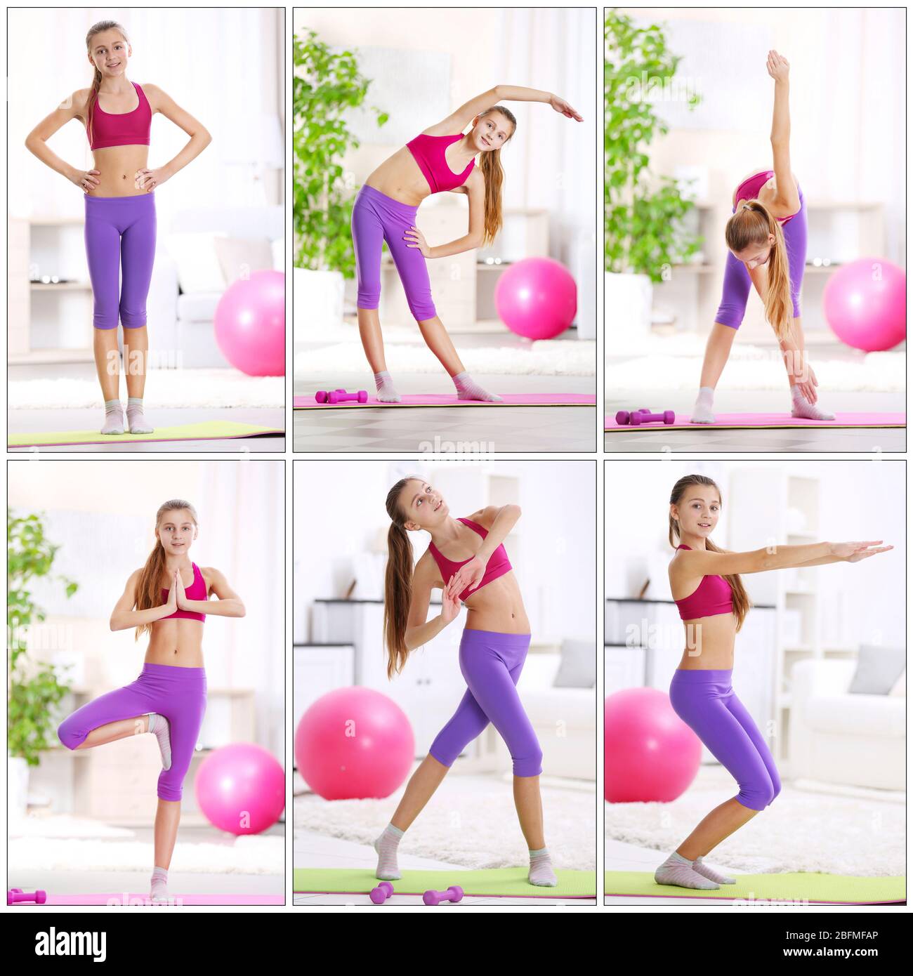 Collage of young girl making fitness exercise Stock Photo - Alamy