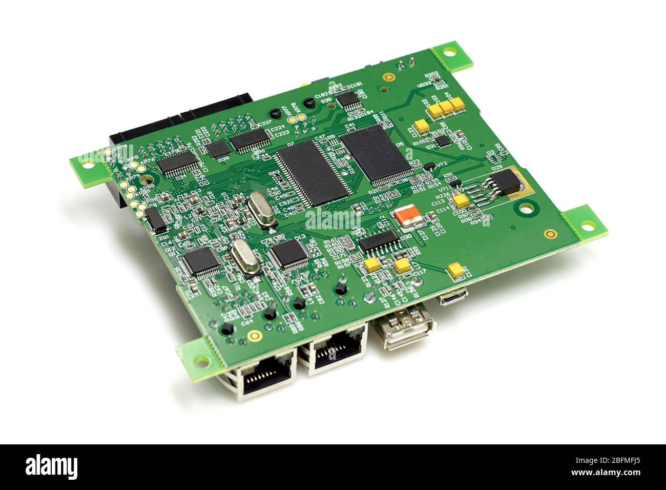 Electronic printed circuit board with chips and other components, green ...