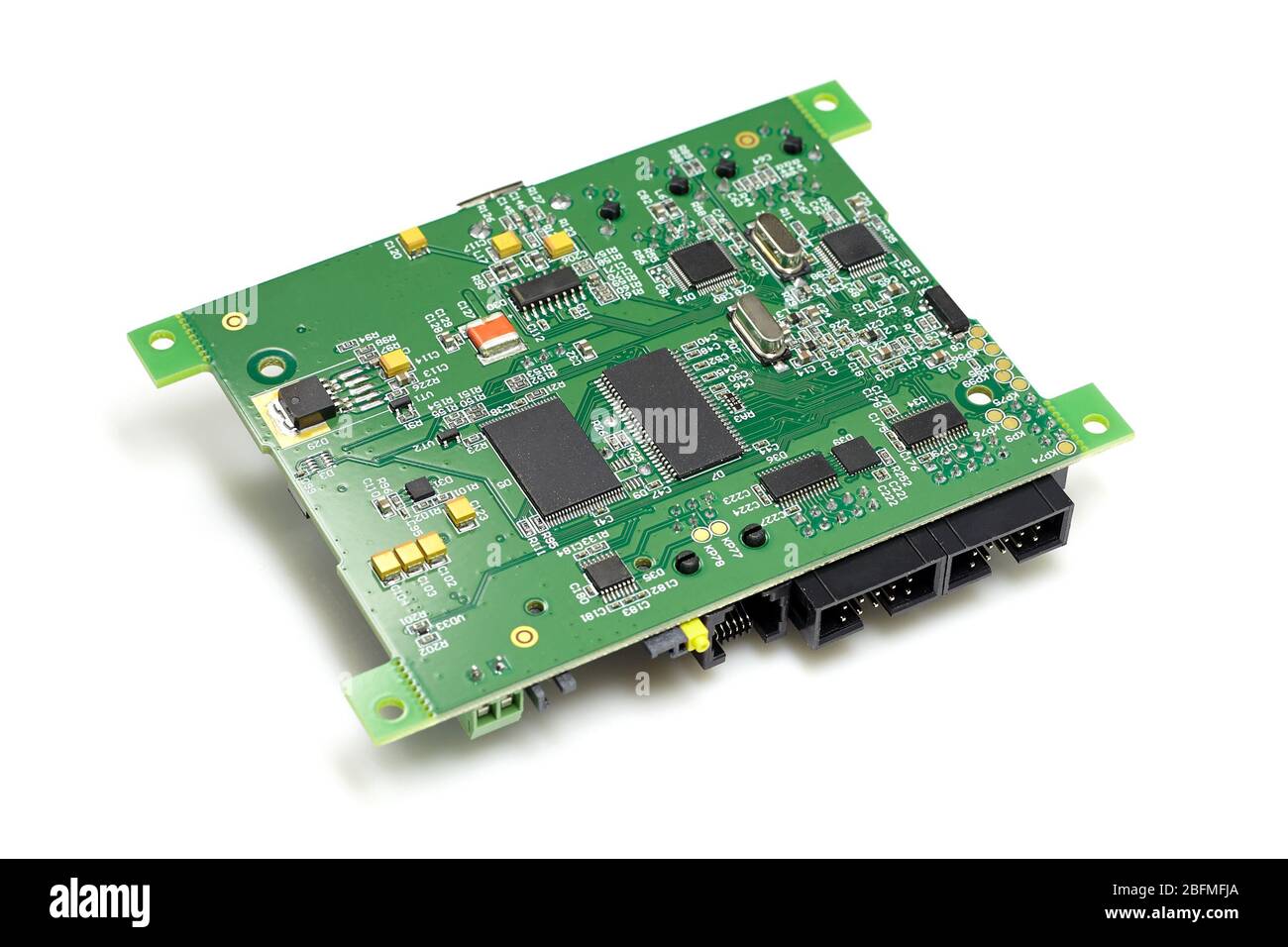 Electronic printed circuit board with chips and other components, green ...