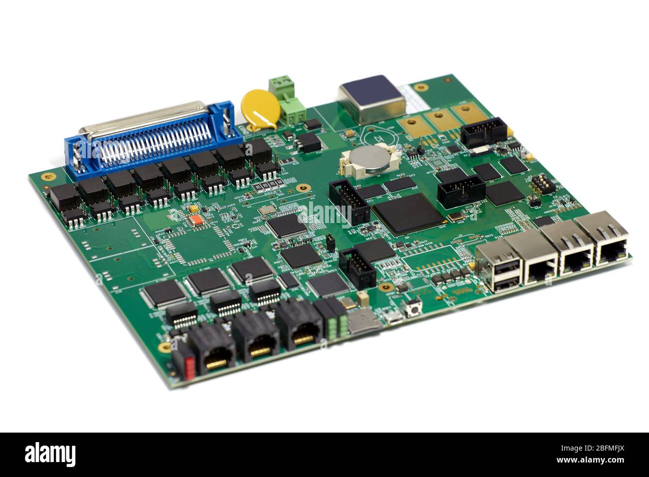Electronic printed circuit board with chips and other components, green ...