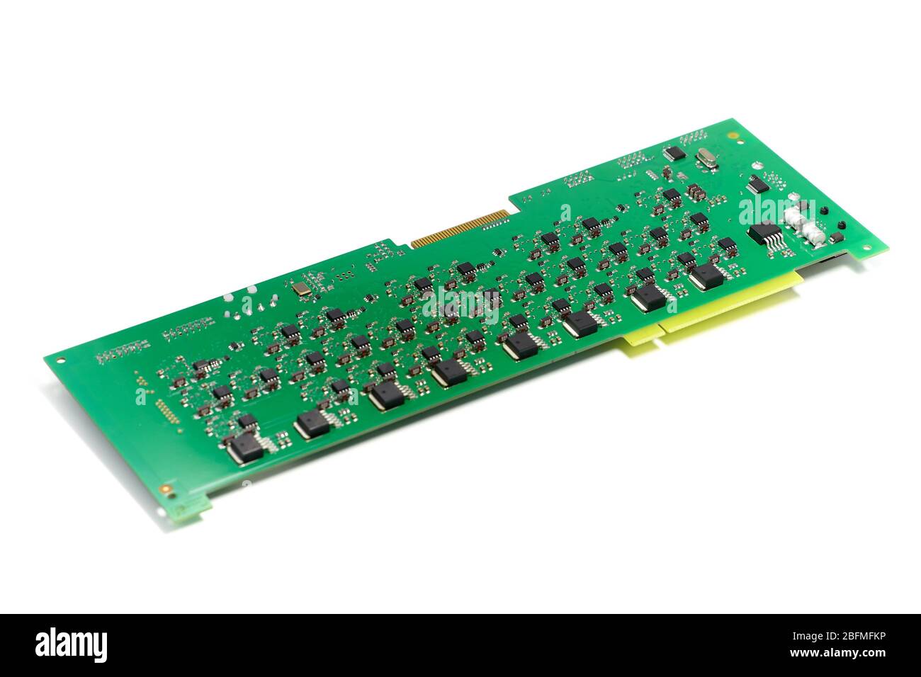 Electronic printed circuit board with chips and other components, green ...