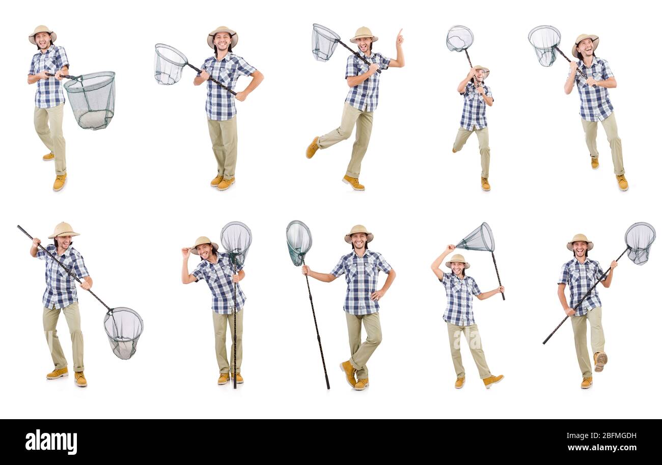 The funny guy with catching net on white Stock Photo - Alamy