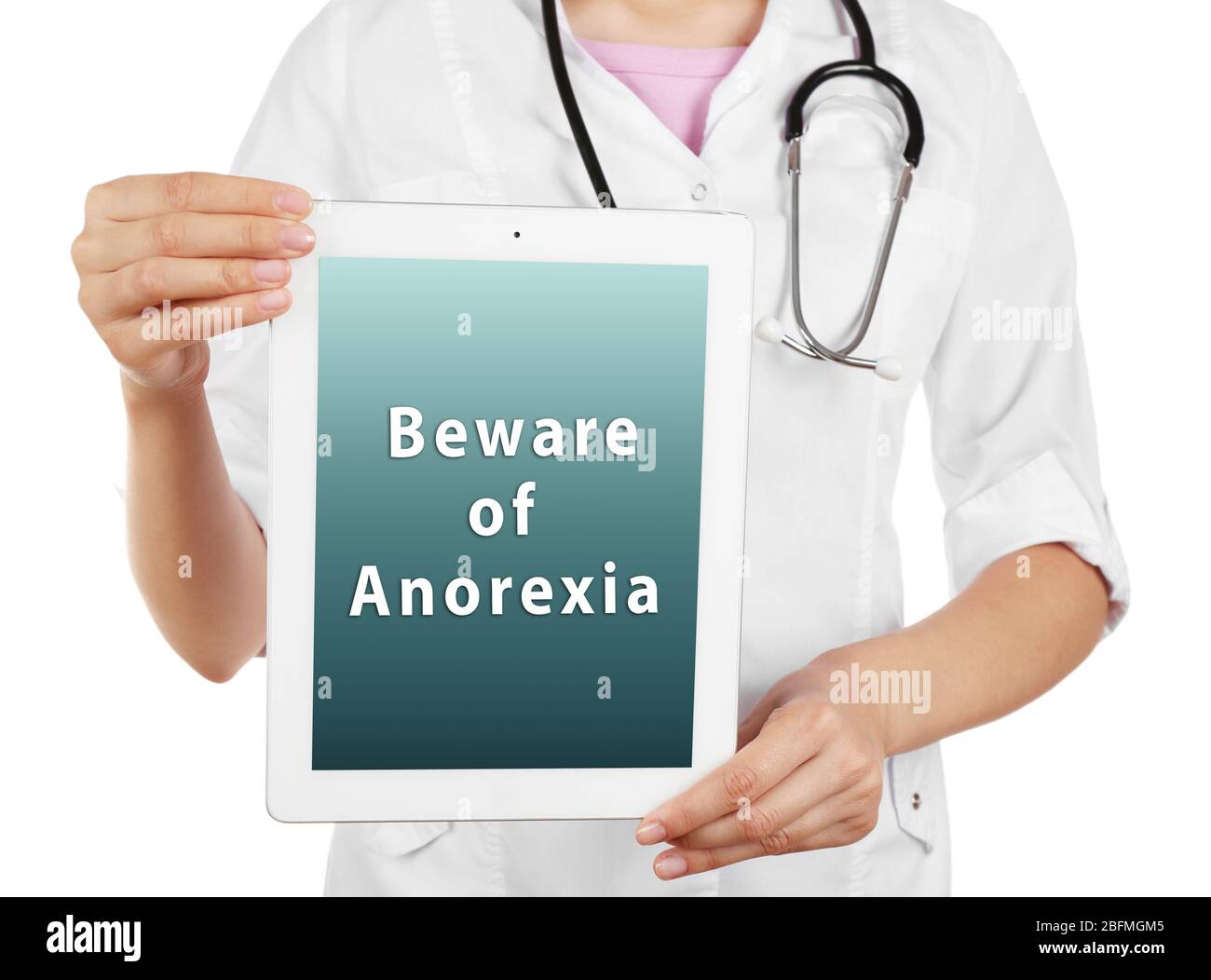 Female doctor with tablet pc and text Recovery from Anorexia on screen ...