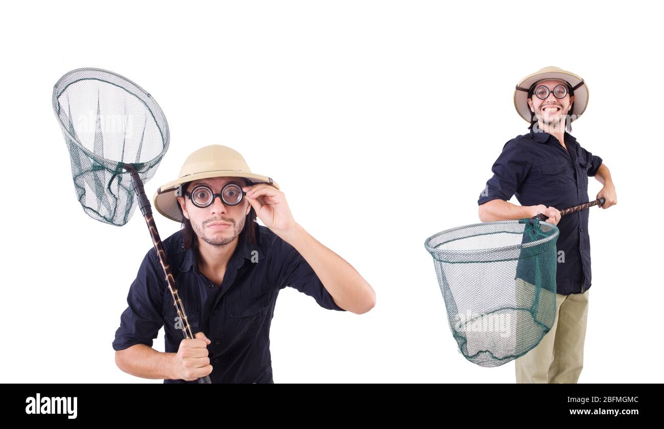 The funny guy with catching net on white Stock Photo - Alamy