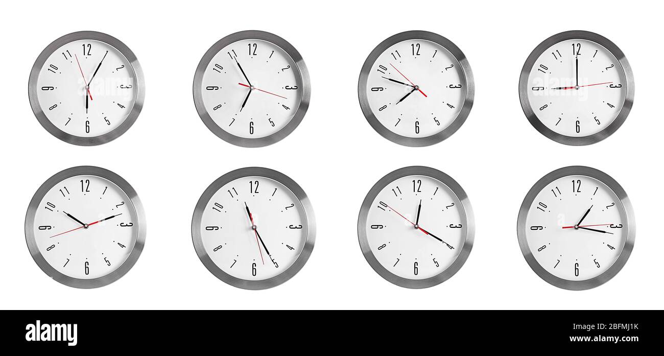 Collage of round wall clocks, isolated on white Stock Photo - Alamy
