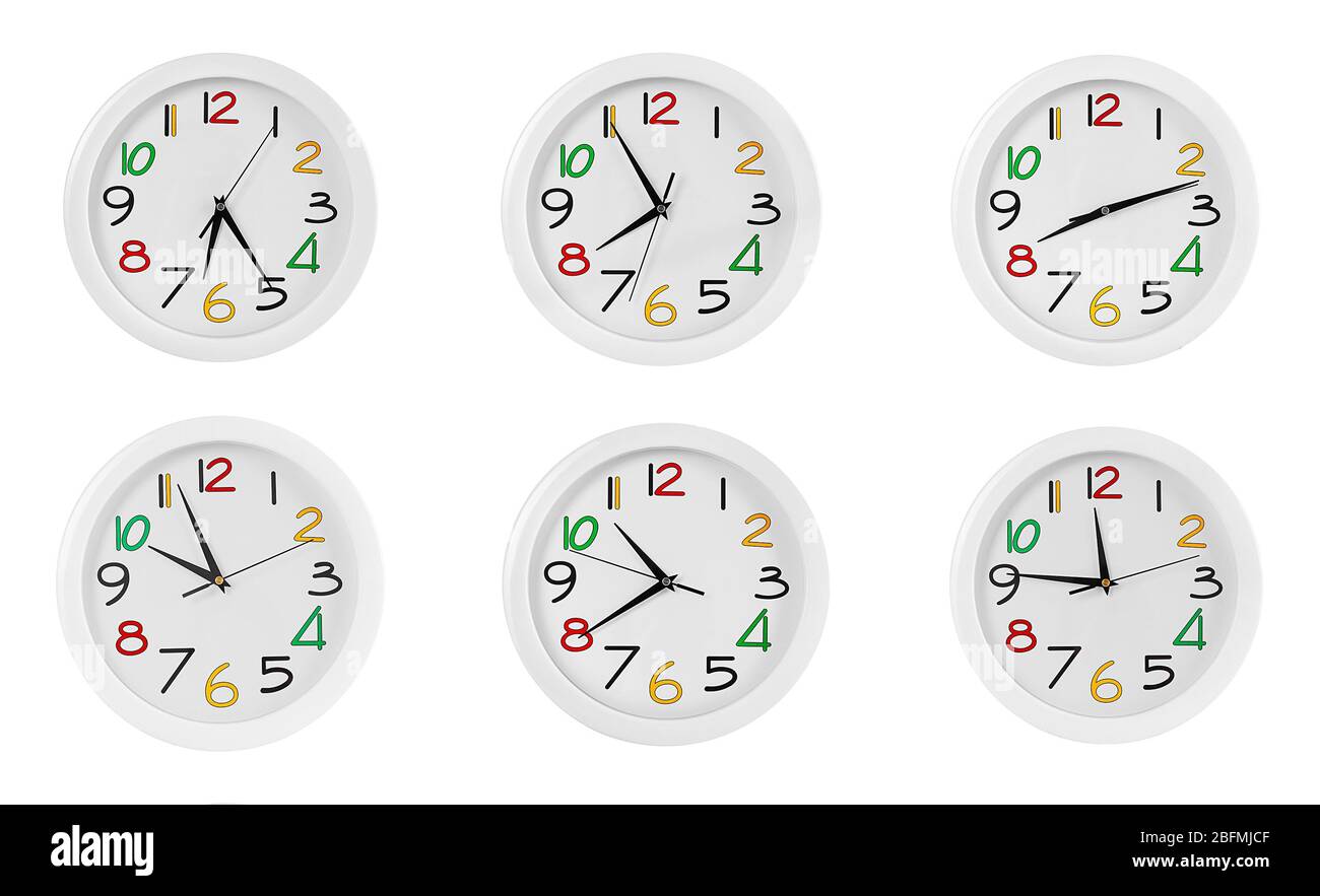 Collage of round wall clocks, isolated on white Stock Photo - Alamy