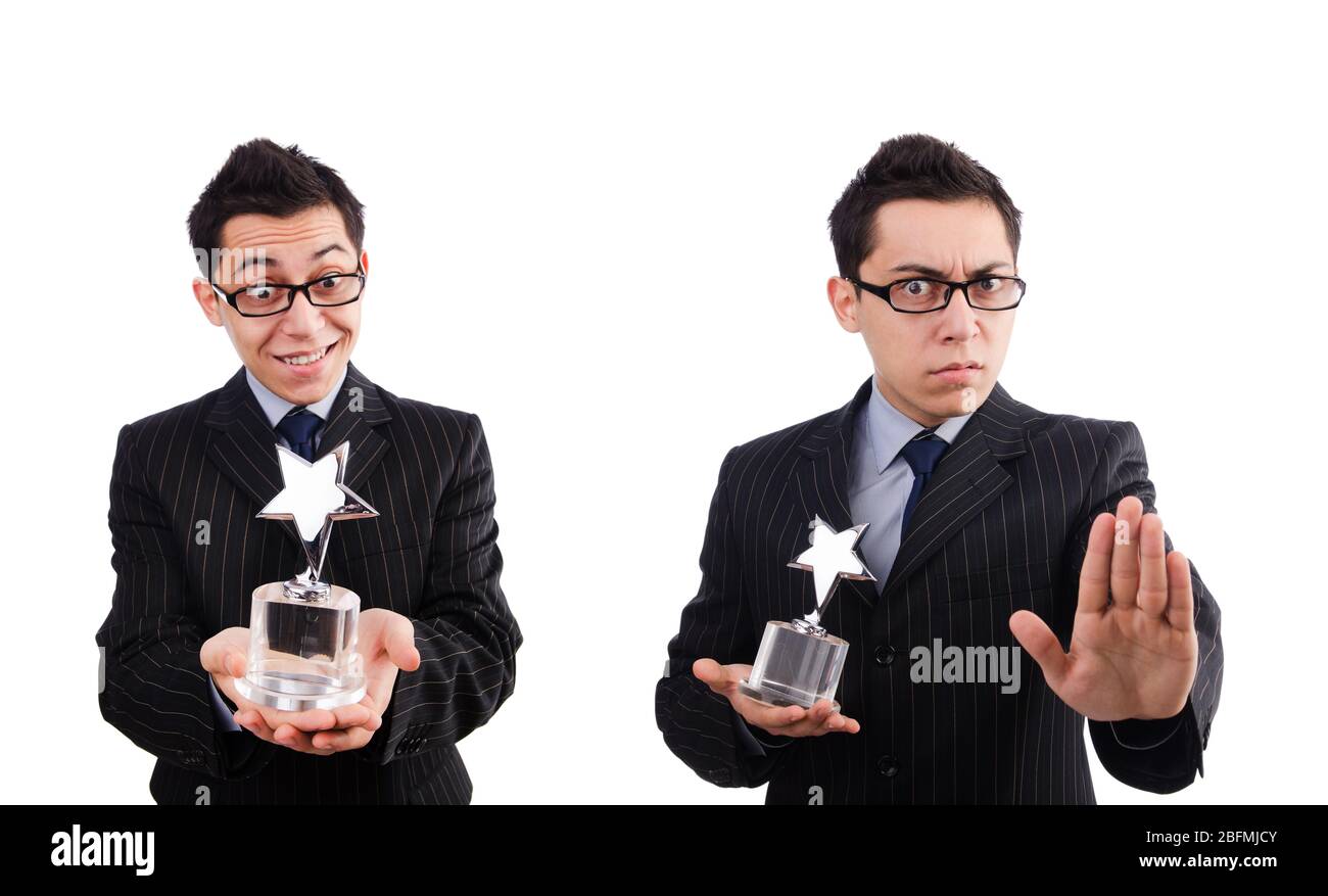 The funny guy receiving award on white Stock Photo - Alamy