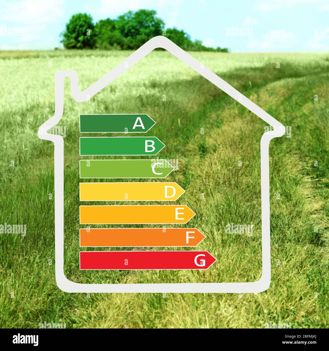 House with energy efficiency scale image on green field background ...