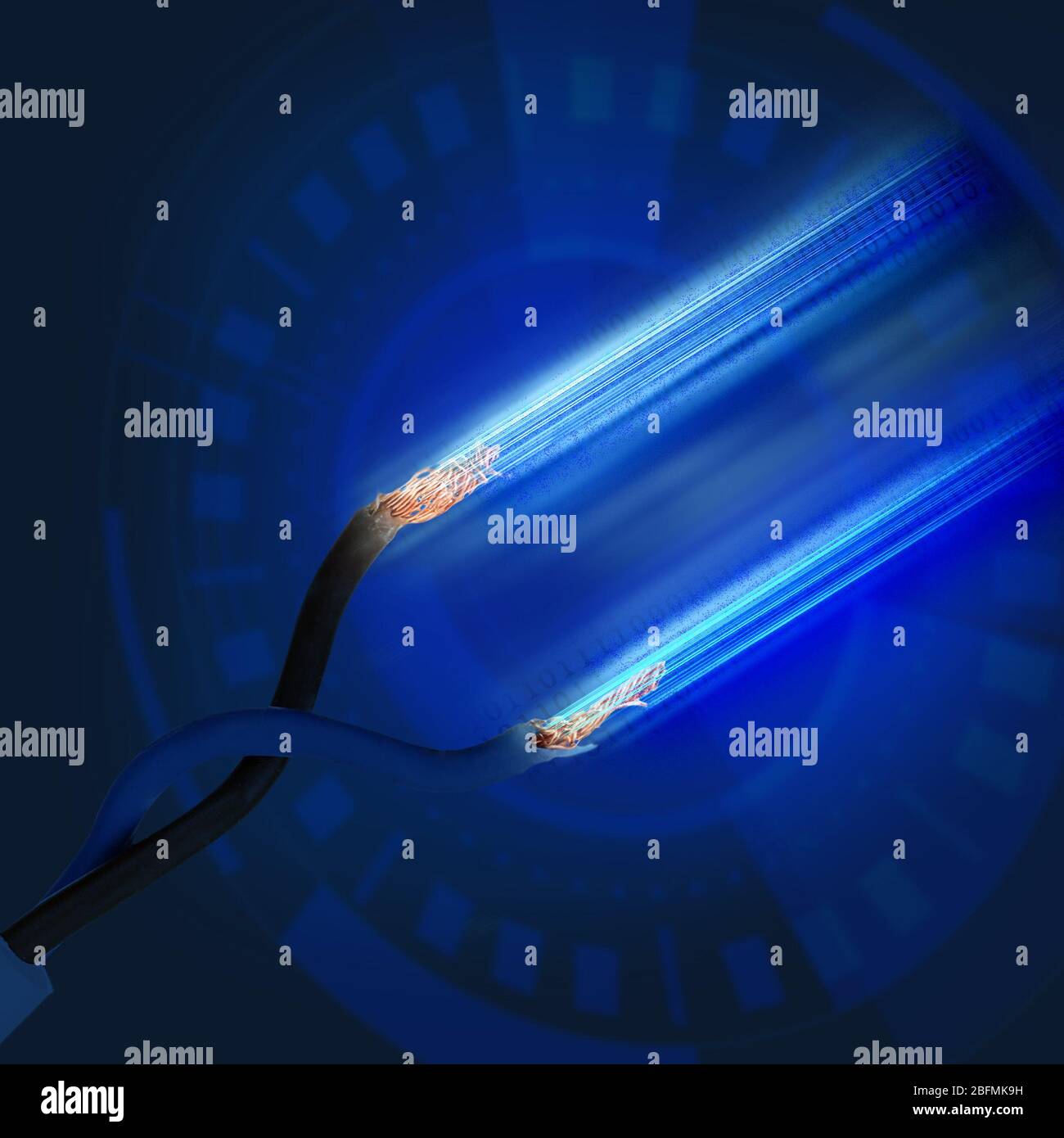 Electric cable with blue light and binary code Stock Photo - Alamy