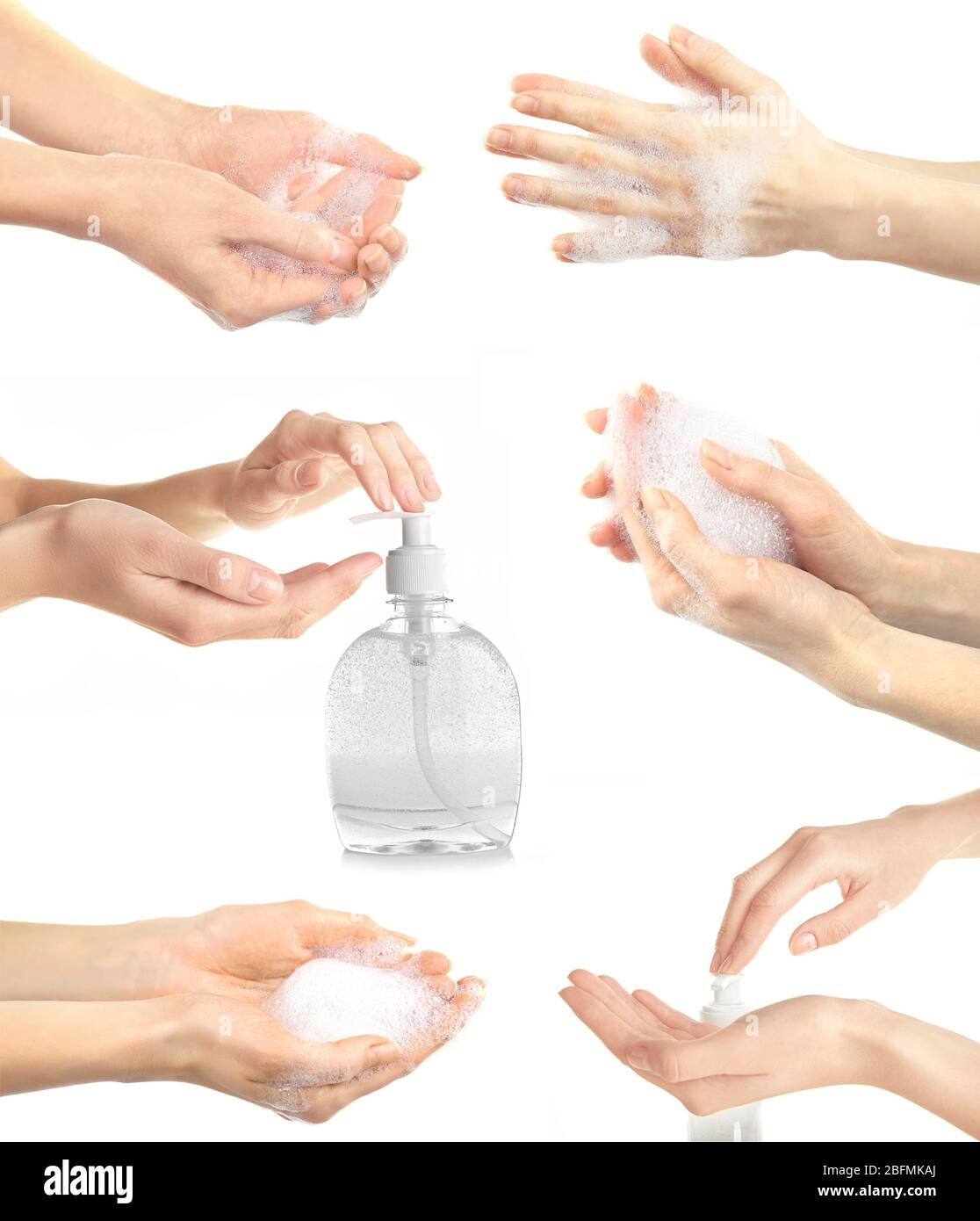 Collage with young beautiful washing hands, isolated on white Stock ...