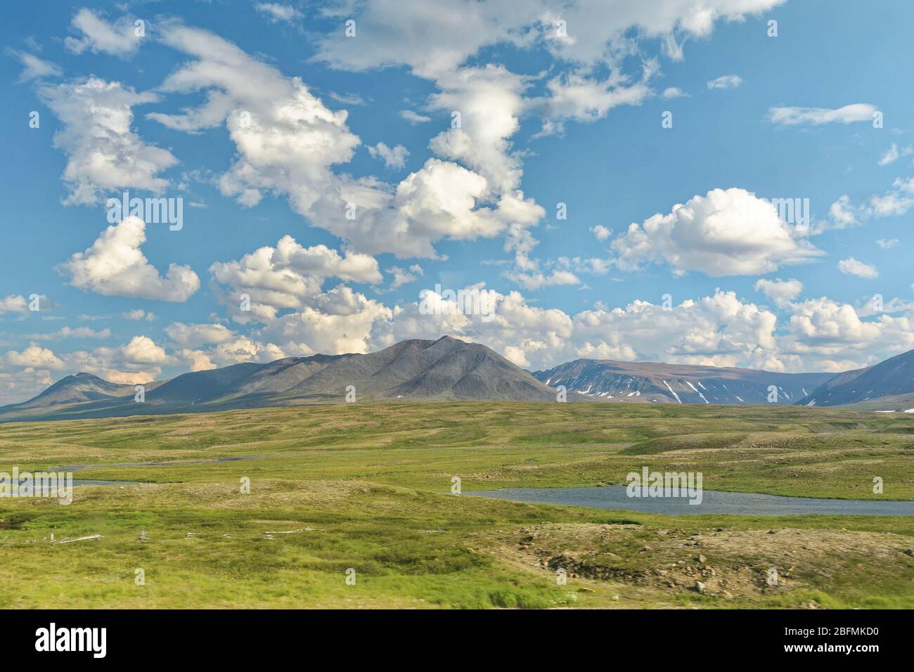 Tundra in the foothills of the Polar Urals. View of the Main Ural ridge ...