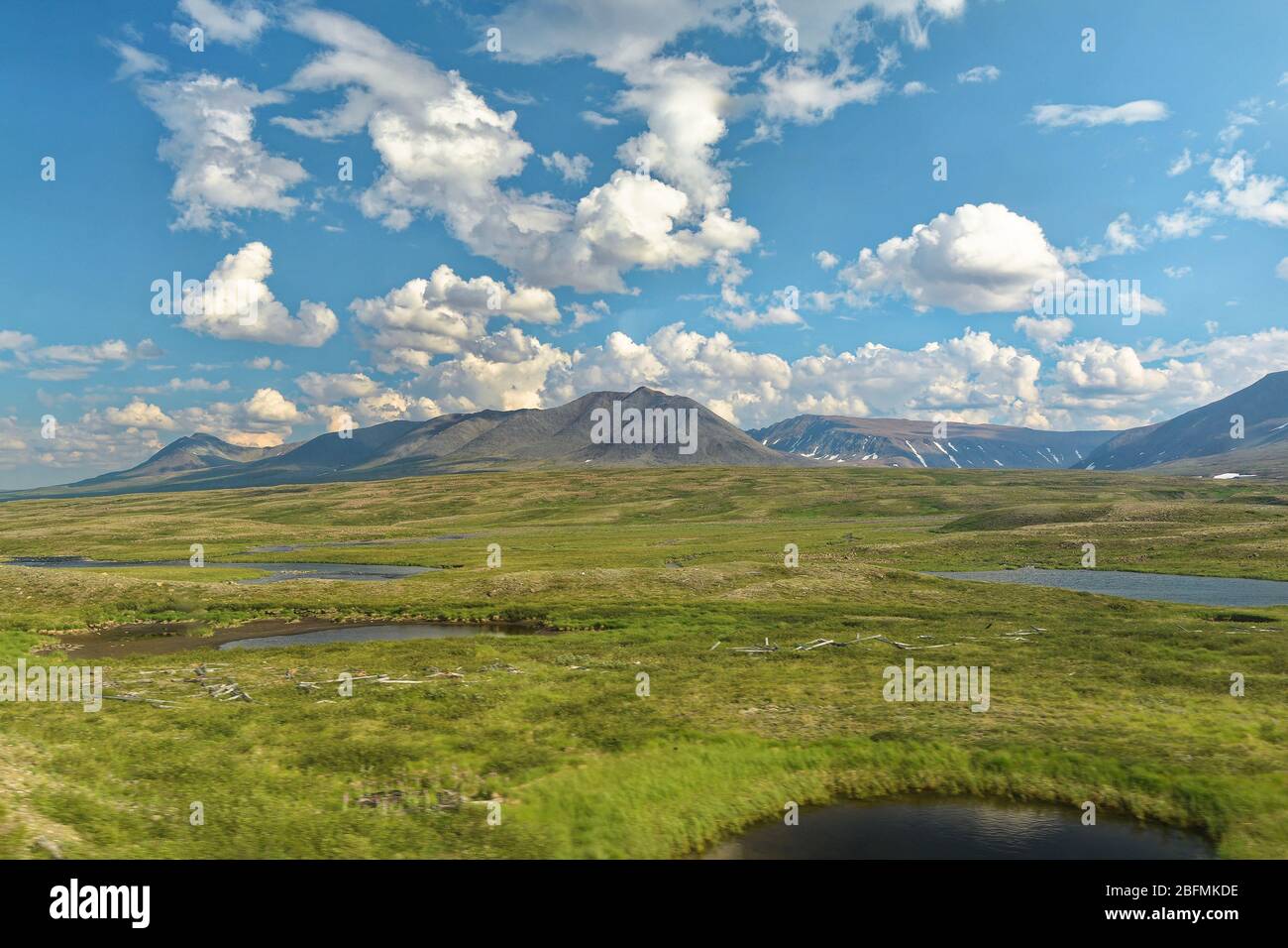 Tundra in the foothills of the Polar Urals. View of the Main Ural ridge ...