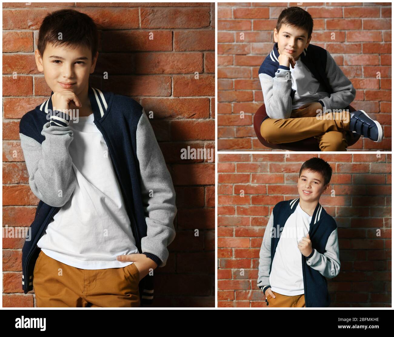 Fashion collage. Cute little boy standing near brick wall Stock Photo ...