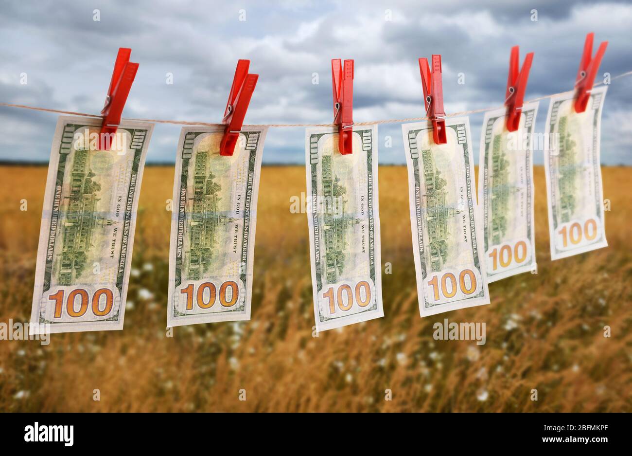 Concept of money laundering - dollars are drying on cord on field ...