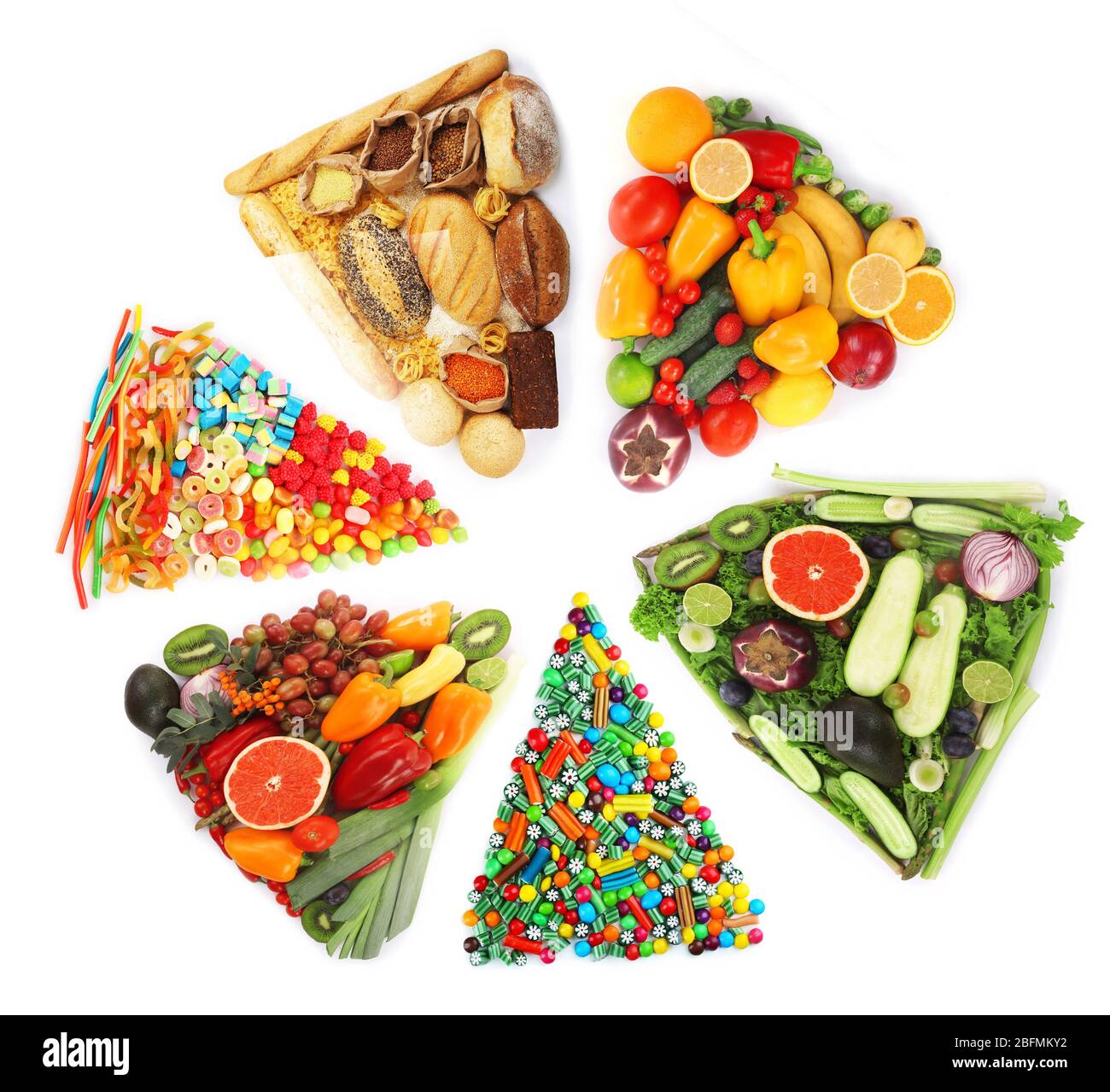 Different food in shape of triangles isolated on white Stock Photo - Alamy