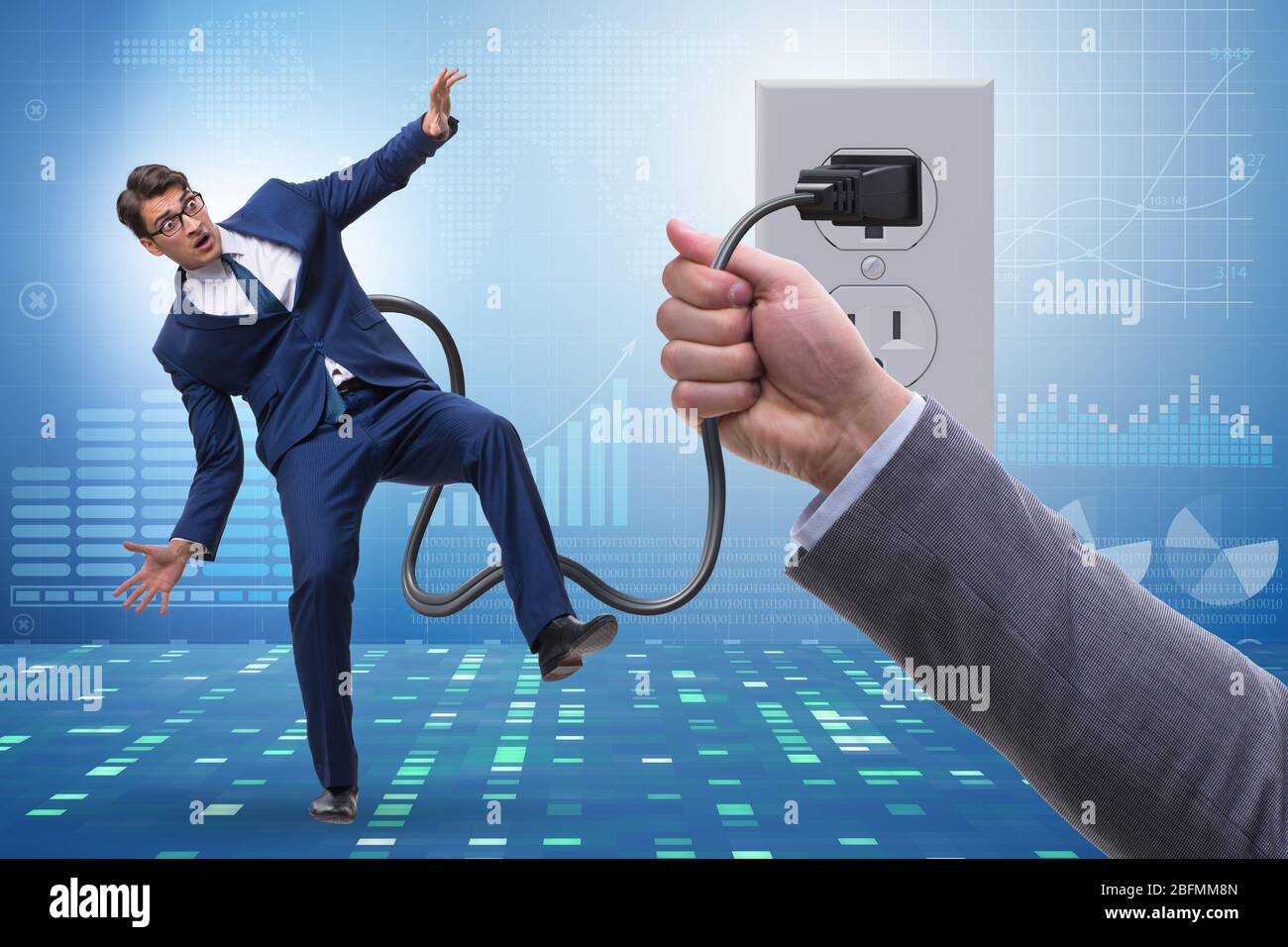 The businessman being powered by electricity and plug Stock Photo - Alamy