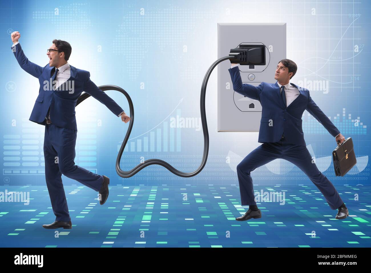 The businessman being powered by electricity and plug Stock Photo - Alamy