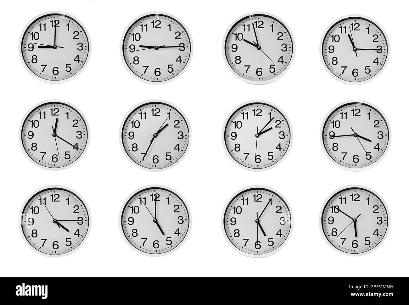Collage of round wall clocks, isolated on white Stock Photo - Alamy