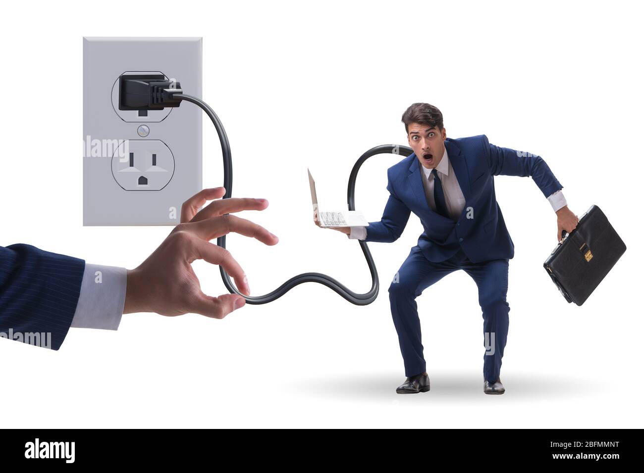 The businessman being powered by electricity and plug Stock Photo - Alamy