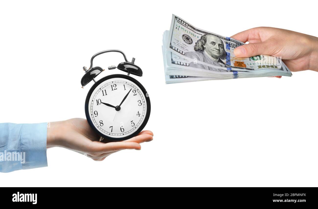 Time is money. Buying time. Hand with money and hand with alarm-clock ...