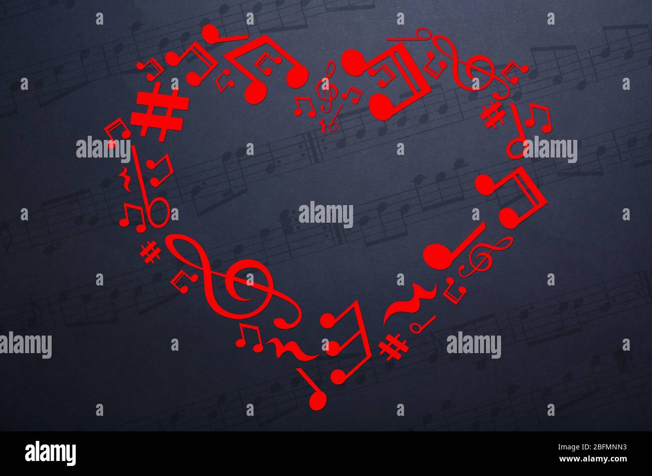 Heart collected from musical notes on dark background Stock Photo - Alamy